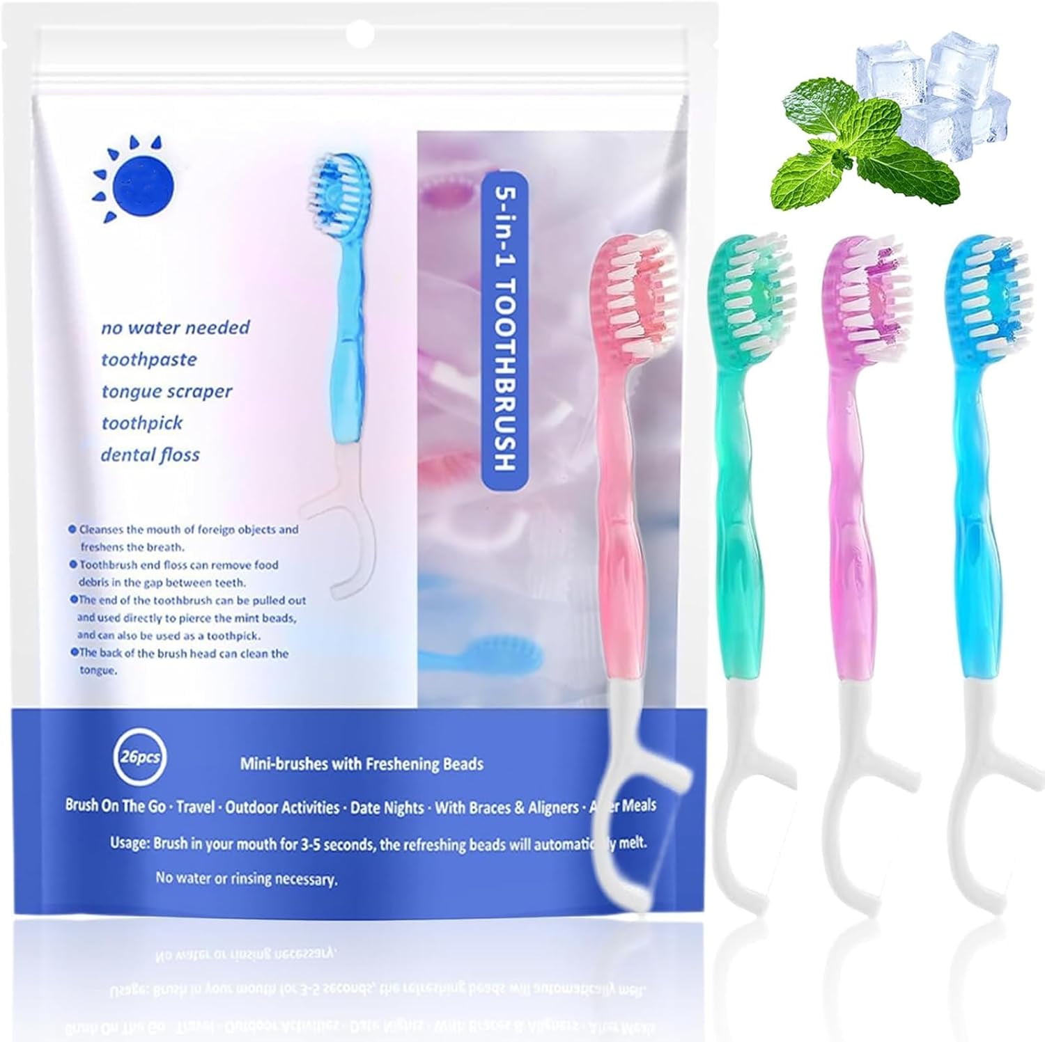 5 in 1 Mini Toothbrush & Floss & Tongue Scraper & Toothpick Set, 26 ...