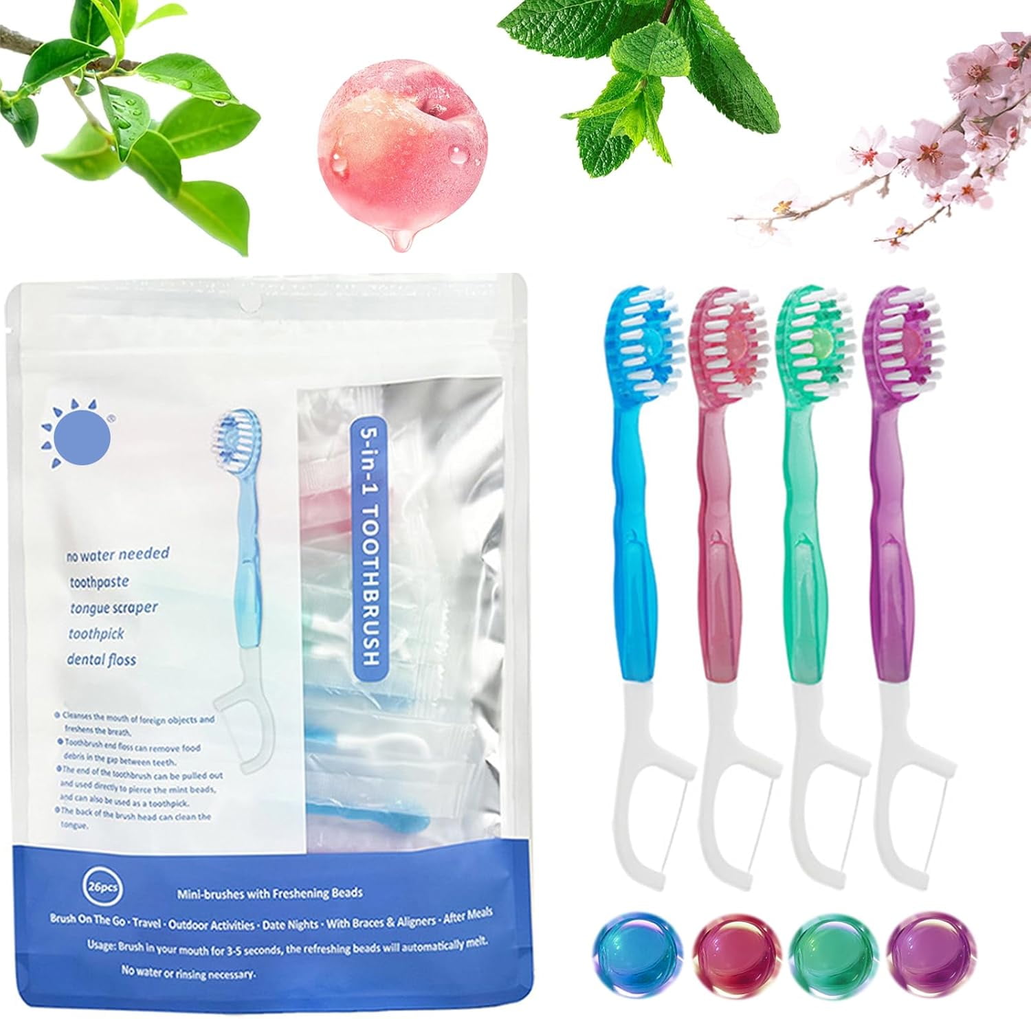 5 in 1 Mini Toothbrush & Floss & Tongue Scraper & Toothpick Set, 26 Pcs ...
