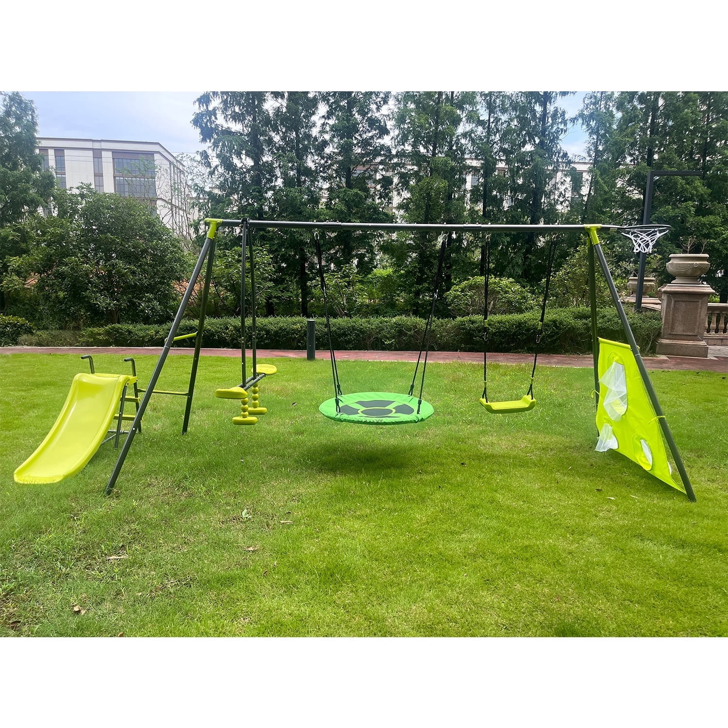 5 in 1 Outdoor Metal Swing Set with Seesaw Swing, Playground Swing Sets ...