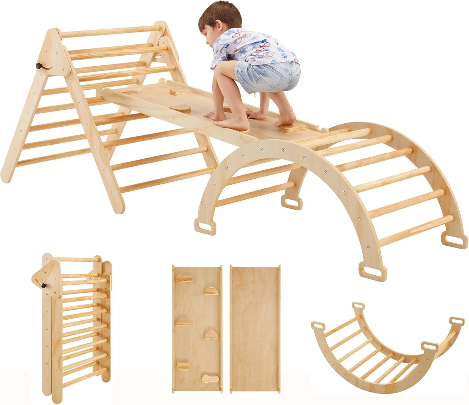 5 In 1 Pikler Triangle Gym, Montessori Foldable Wooden Climbing Set ...