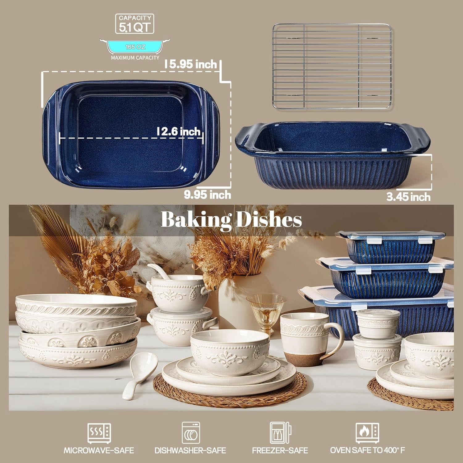 5.1 Quart Blue Ceramic Baking Dish with Handles and Rack for Oven ...