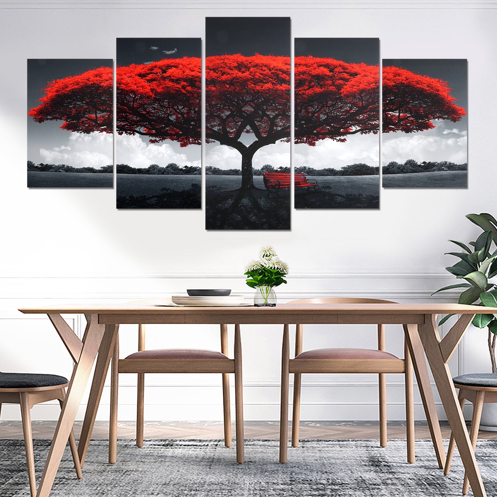 5 in 1 Red Tree Canvas Wall Art, HFDR Frameless Modern Landscape ...