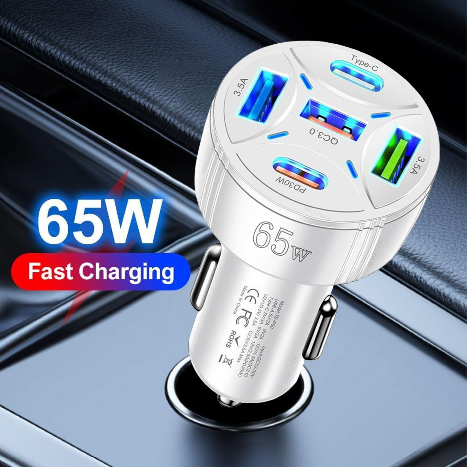 5 in 1 Retractable Car Charger, USB C 65W Car Charger Quint Port Fast ...