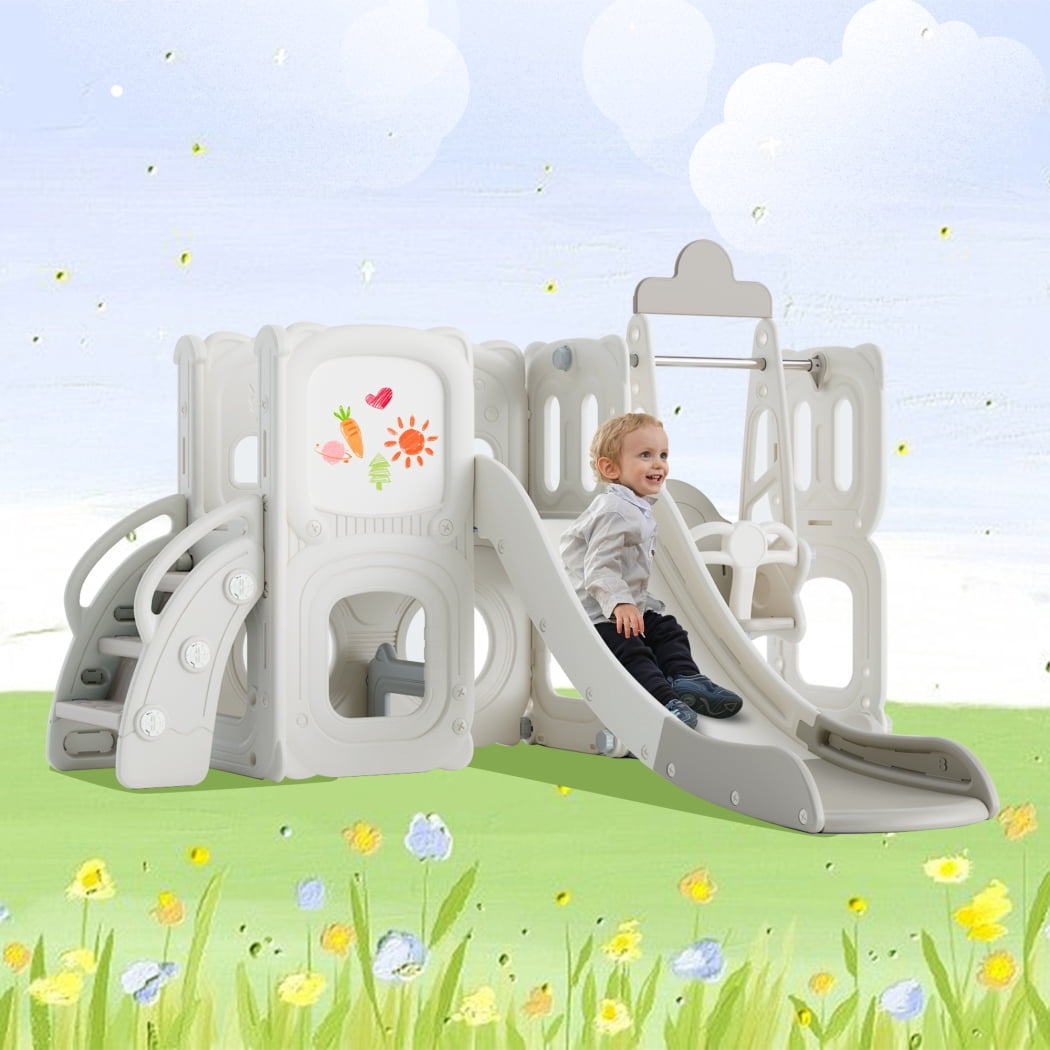 5 in 1 Toddler Slide and Swing Set with Drawing Whiteboard for Babies ...