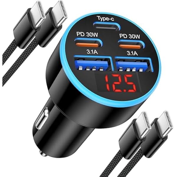 [5 in 1] USB C Car Charger, 5-Port 90W Fast Charging Cigarette Lighter ...