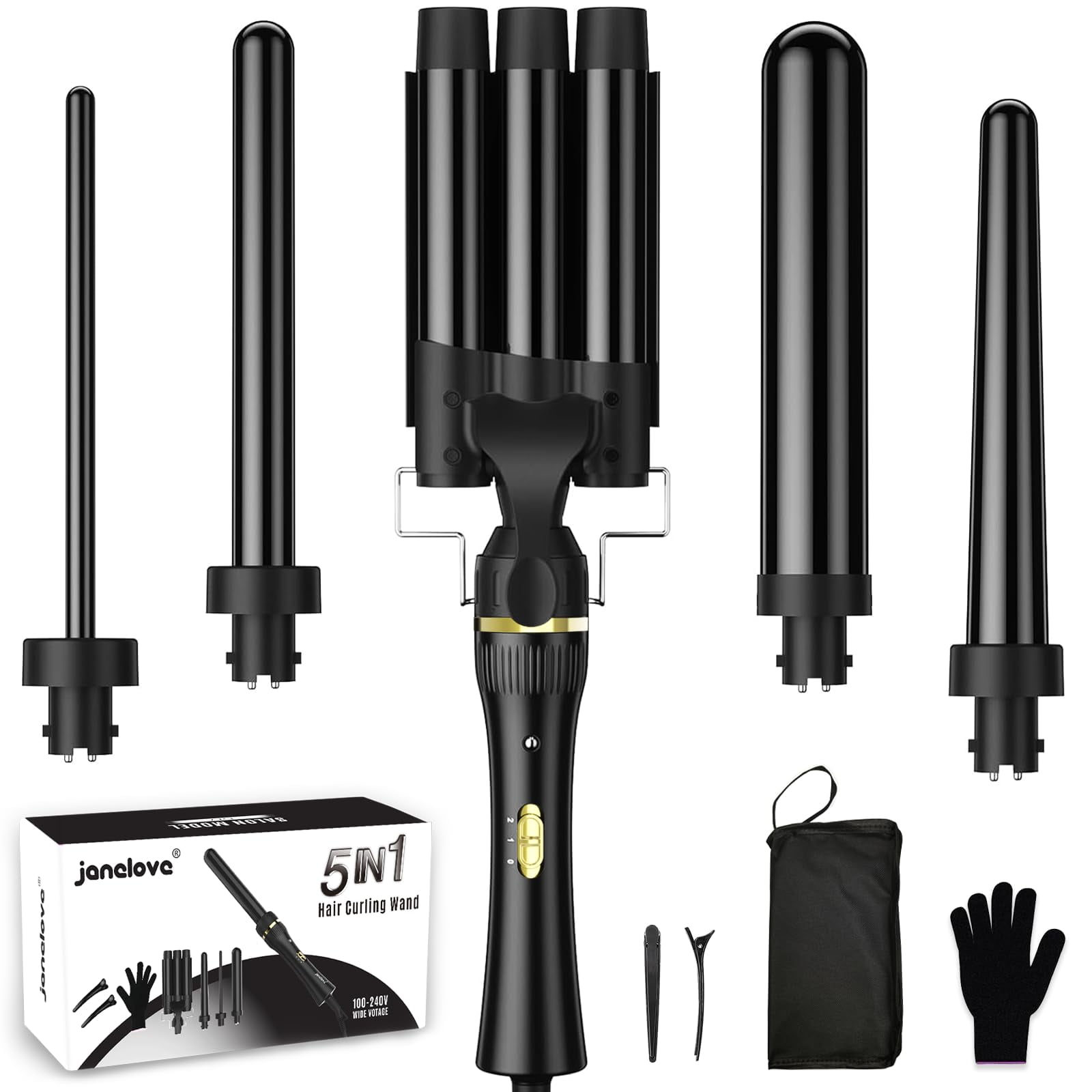 5 in 1 Wand Iron, janelove Hair Wand Set with 3 Barrel Hair Crimper and ...