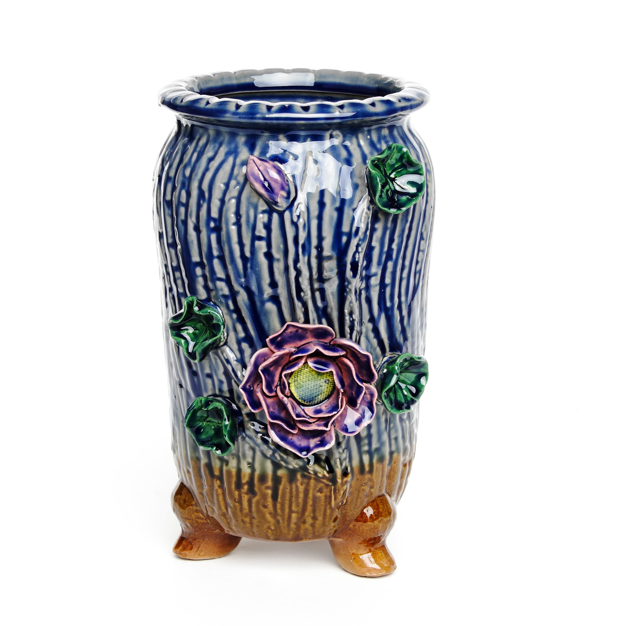 5.12" Small Blue Round Footed Ceramic Planter Pot with Drainage Hole ...