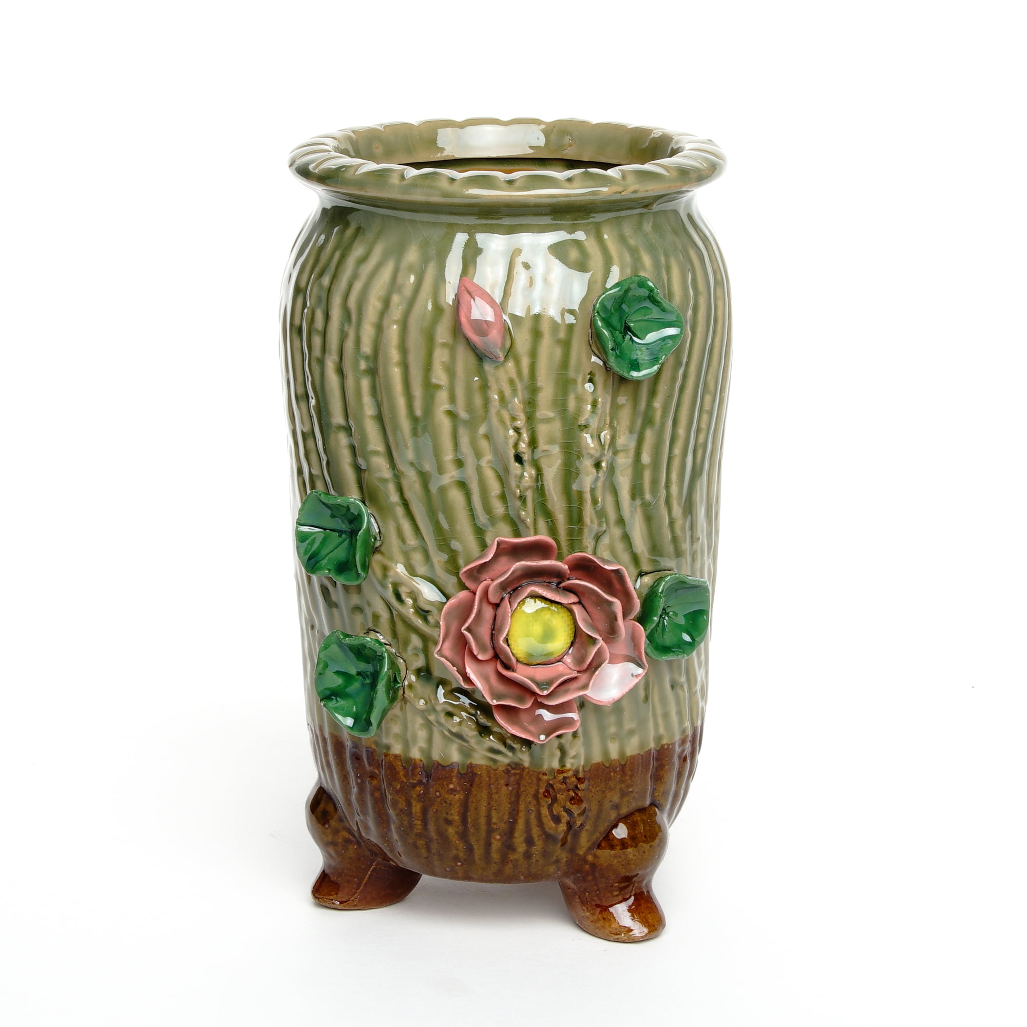 5.12" Small Green Round Footed Ceramic Planter Pot with Drainage Hole ...