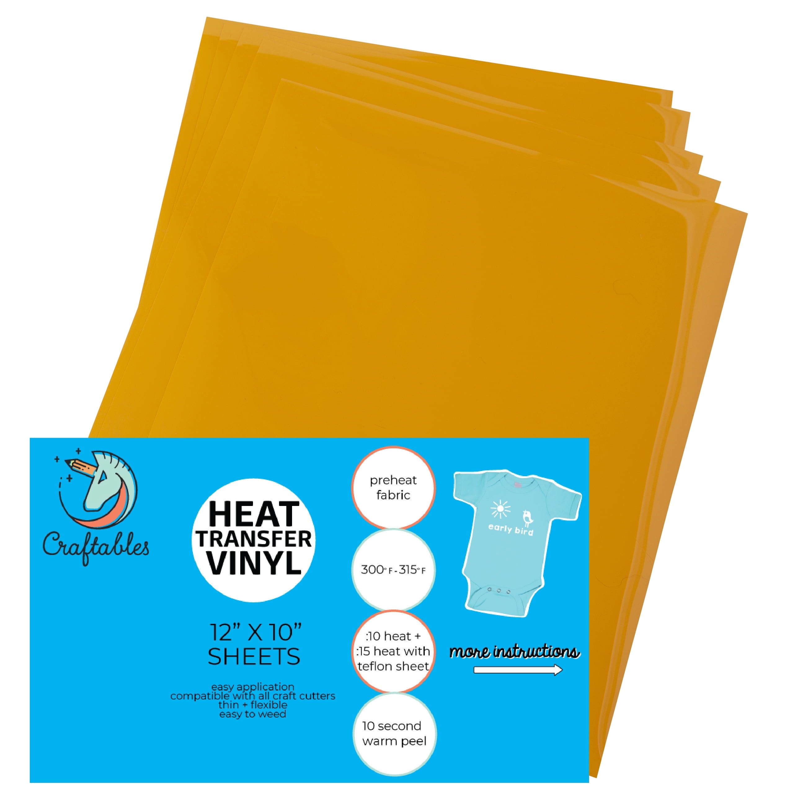 (5) 12" x 9.8" Sheets of Craftables Golden Yellow Heat Transfer Vinyl ...
