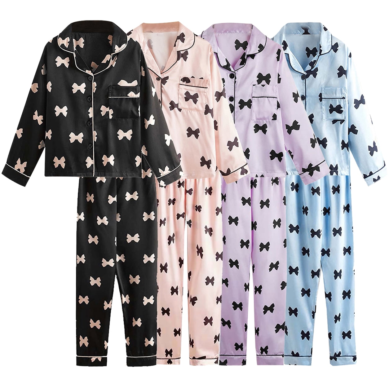 5-12Y Girls Silk Pajamas Set, Long Sleeve Button-Down Bow Printed ...