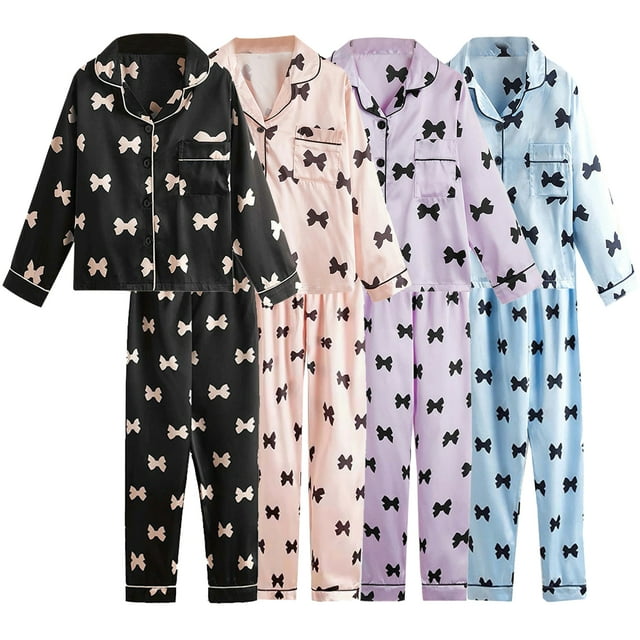 5-12Y Girls Silk Pajamas Set, Long Sleeve Button-Down Bow Printed Sleepwear PJs - Walmart.com
