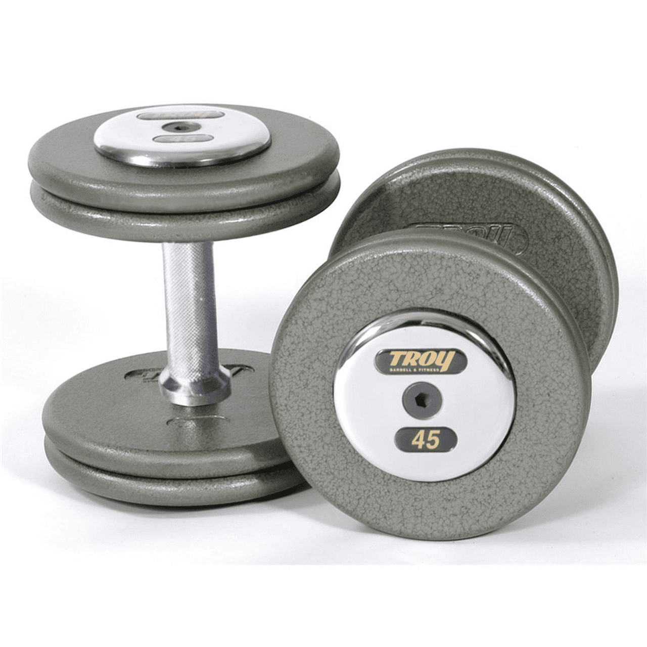 5 - 150 lb. Pro Style Gray Cast Iron Round Dumbbell Set w/ Straight ...
