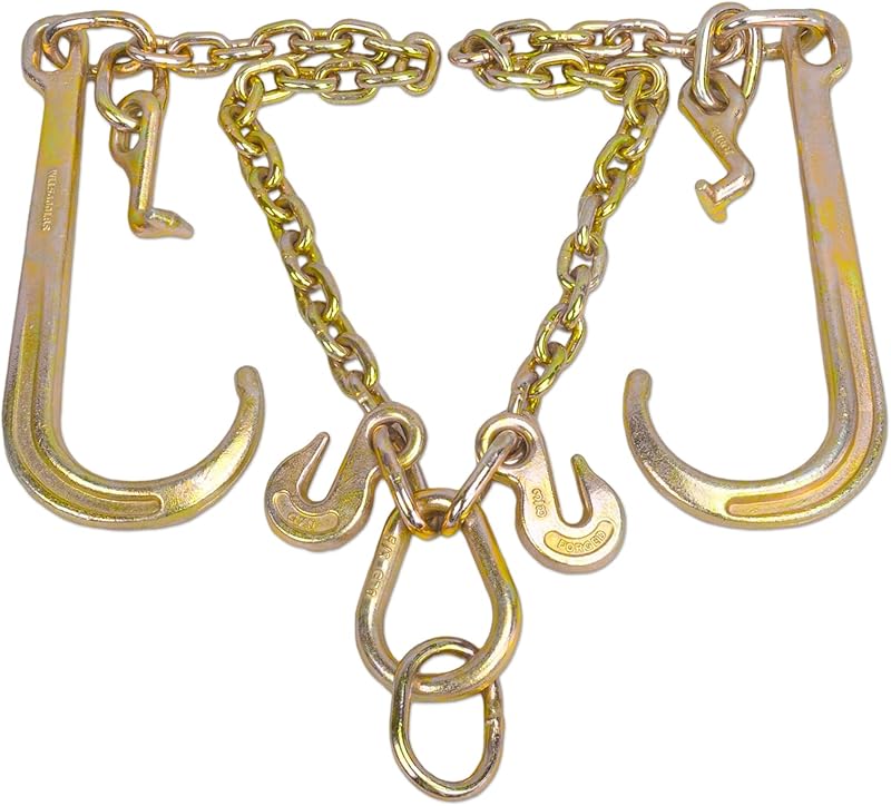 5/16" Grade 70 V-Type Transport Tow Chain w/15 J-Hooks 2Ft Long Shank ...