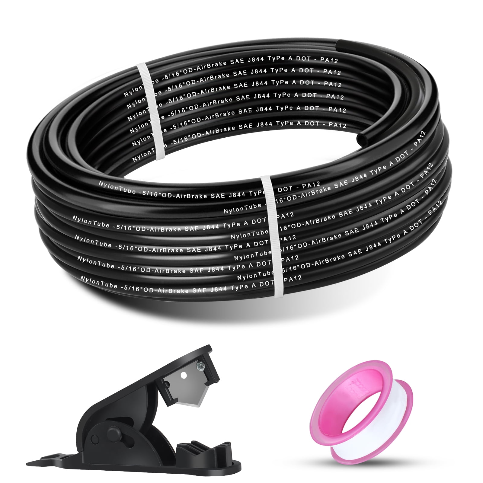 5/16" OD 50FT DOT Air Line Tubing Kit Black SAE J844 PA12 Nylon Air ...