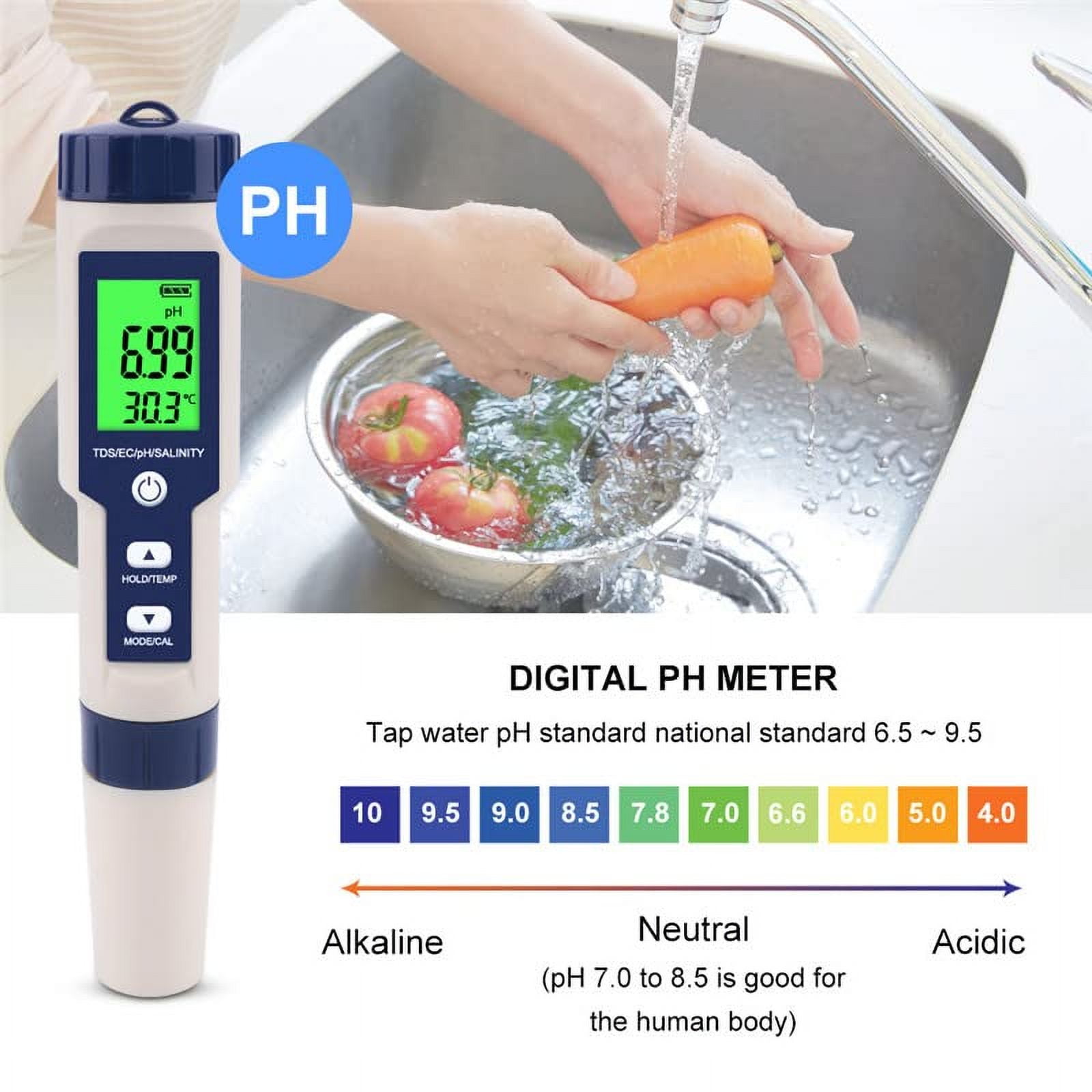 5 in 1Pool Salt Tester & PH Meter,Digital Salinity Meter and PH Tester ...