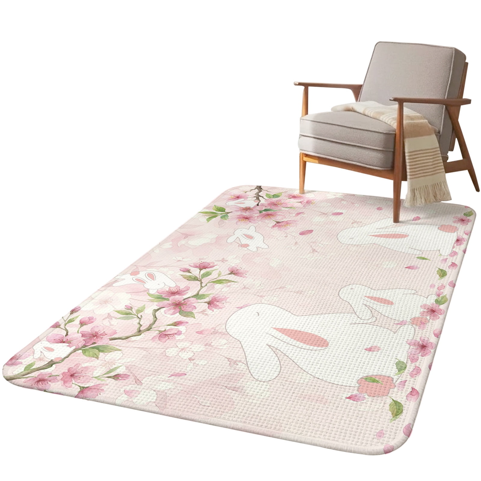 5.25'x6.56' Area Rug for Living Room, Cherry Blossom Bunny Non Slip ...
