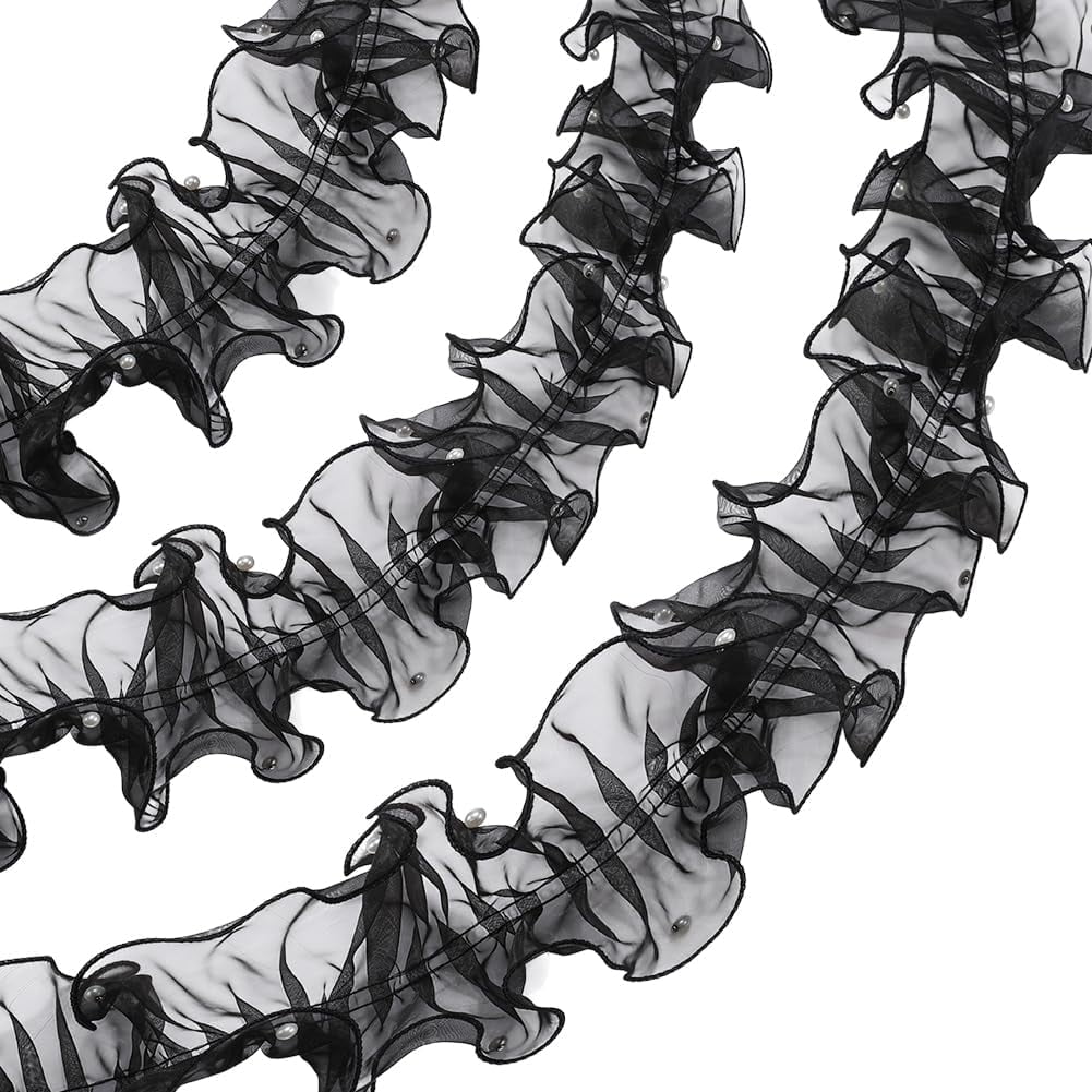 5 3/8 Inch Black Organza Ruffle Trim Vintage Pleated Gathered Lace ...