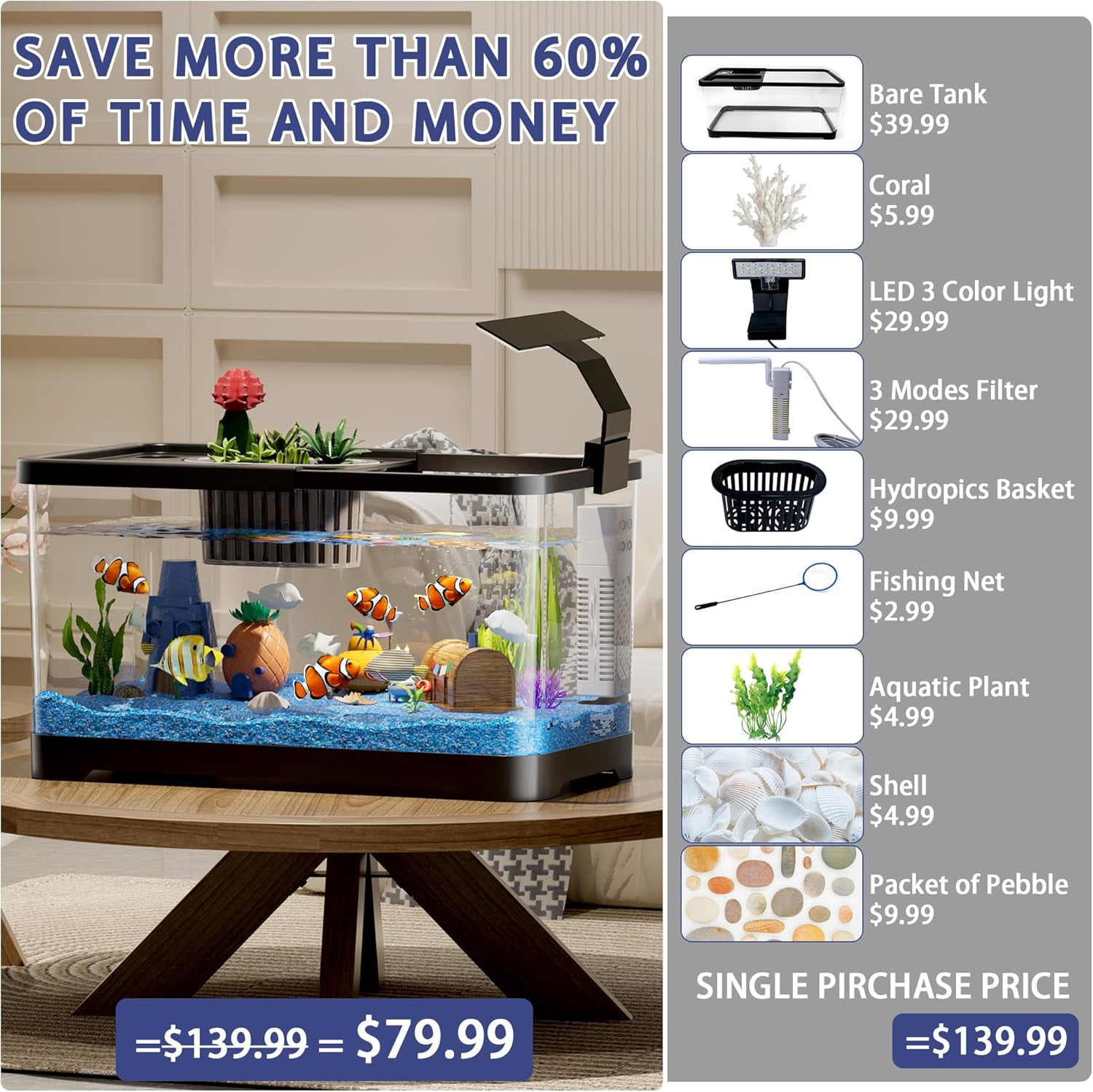 5.3 Gallon Fish Tank, 9 in 1 Betta Fish Tank, Aquarium with LED Full 3 ...