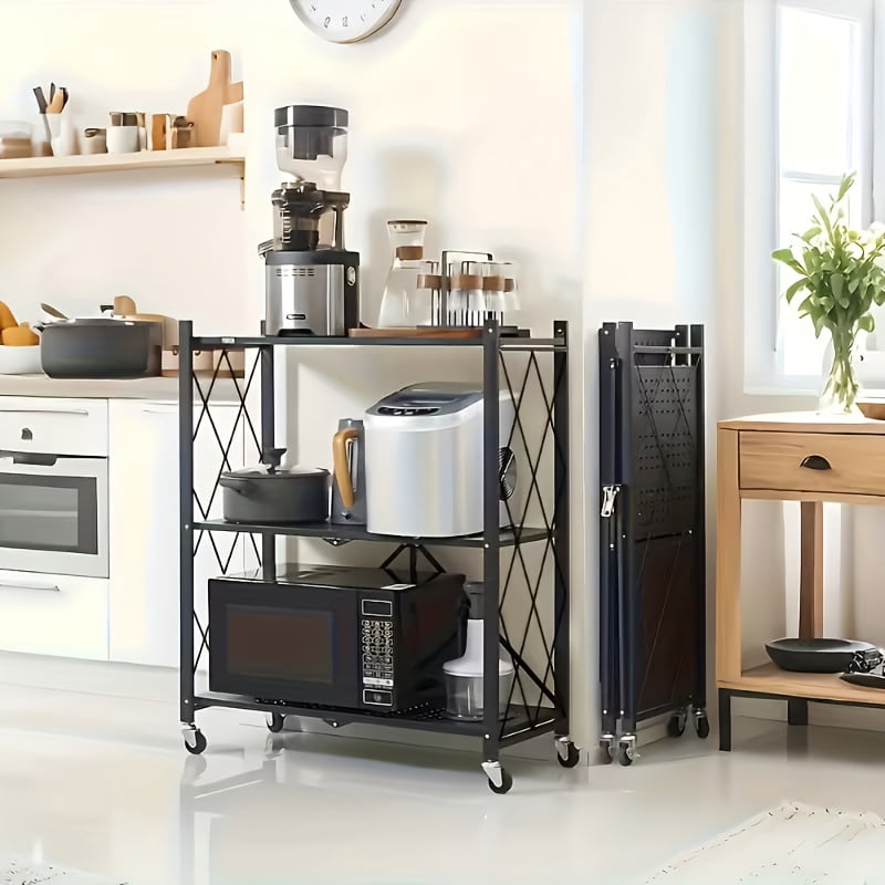 5/3-Tier Foldable Metal Storage Rack with Wheels, Portable Rolling ...