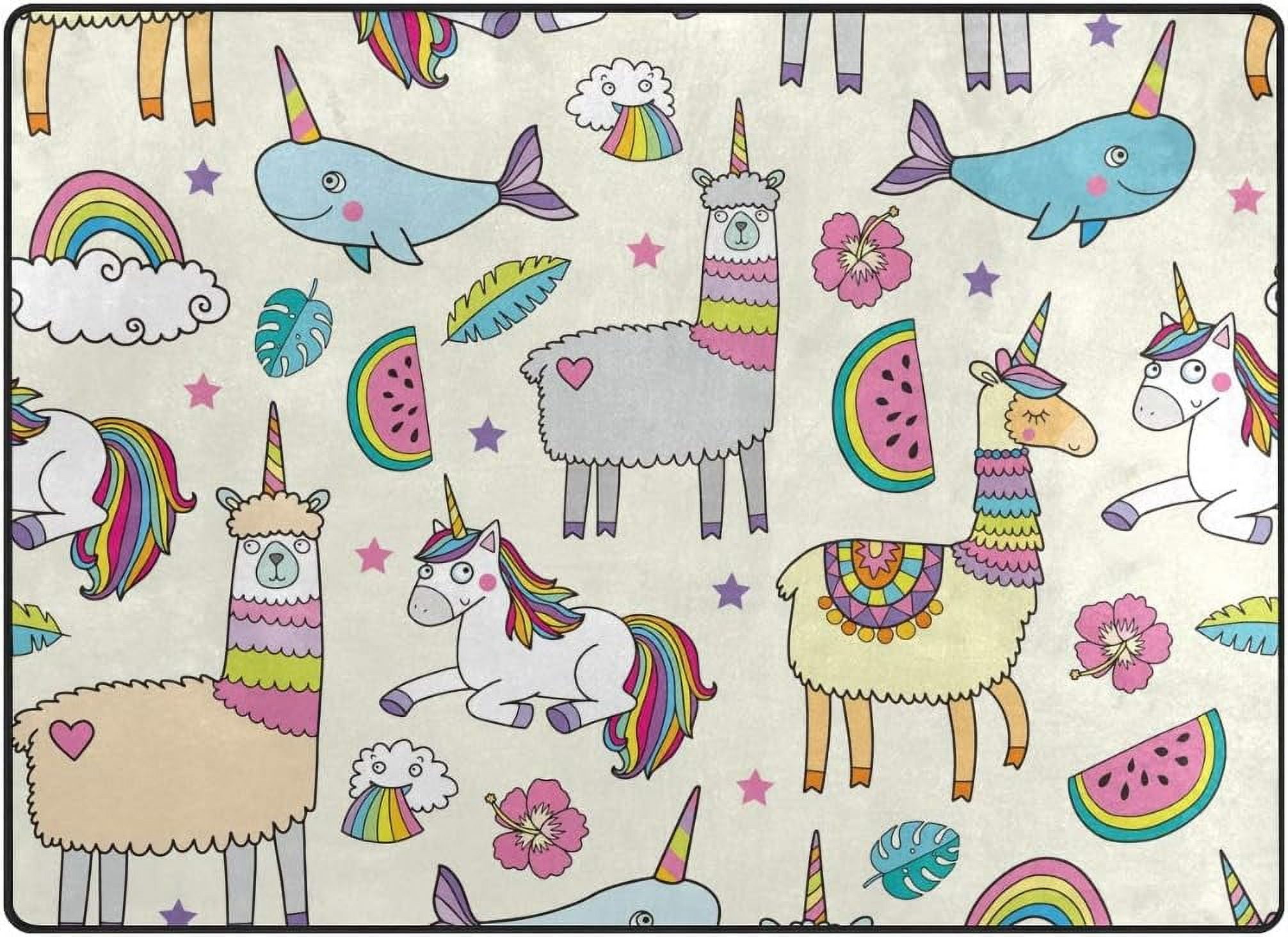 5'3" x 4' (63 x 48 inch) Area Rug, Pad Colorful Unicorn Llamas Nursery ...