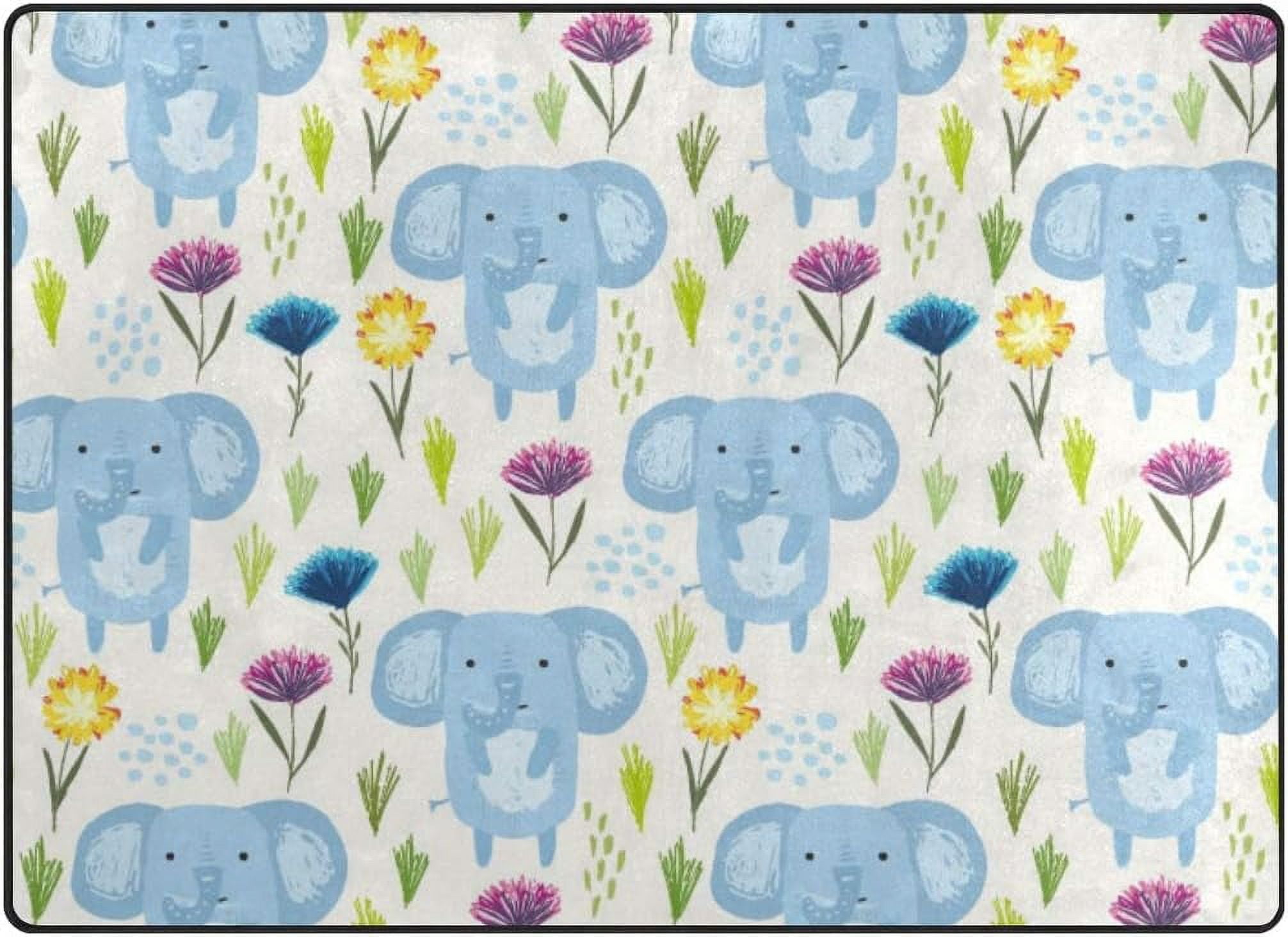 5'3" x 4' (63 x 48 inch) Area Rug, Pad Cute Sketchy Blue Elephants ...