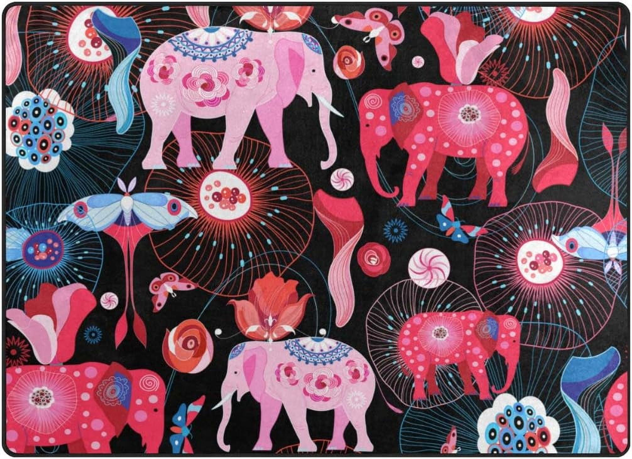 5'3" x 4' (63 x 48 inch) Area Rug, Pad Ethnic Elephants Nursery Rugs ...