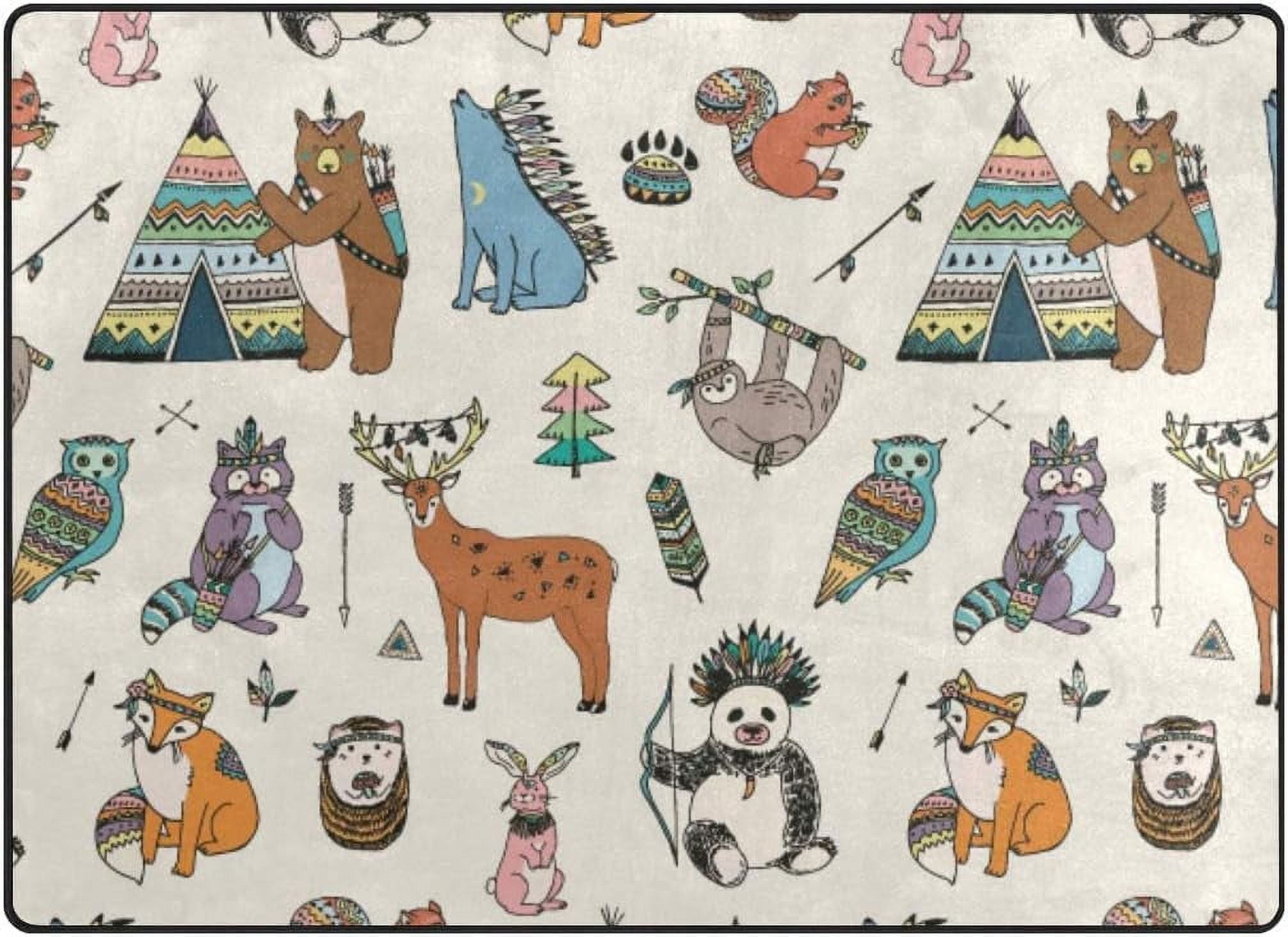 5'3" x 4' (63 x 48 inch) Area Rug, Pad Tribal Animals Woodland Forest ...