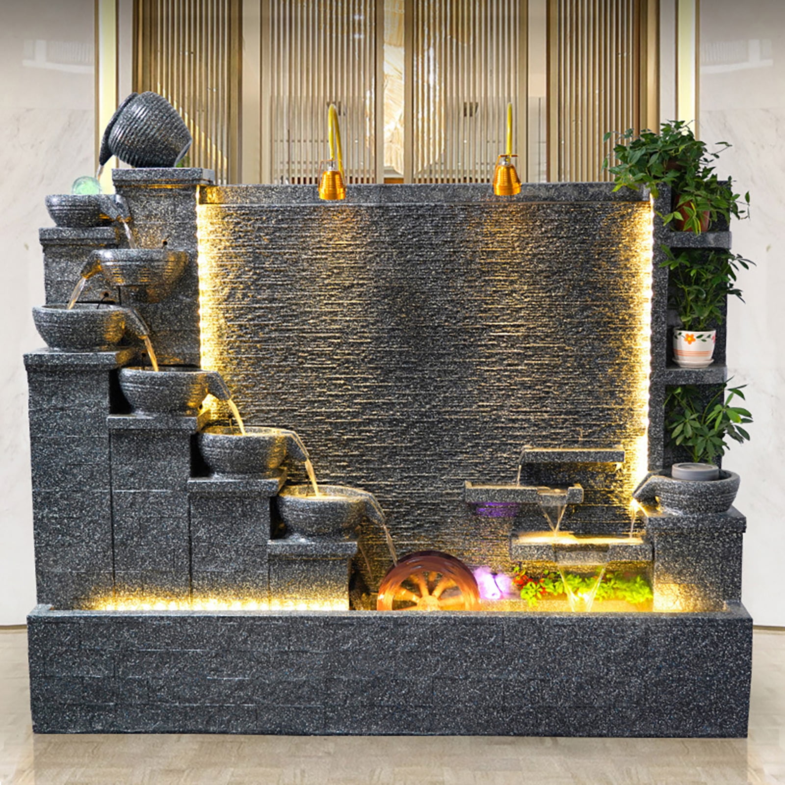 5.3ft Elegant Cement Waterfall Fountain, Indoor/Outdoor, Waterfalls ...