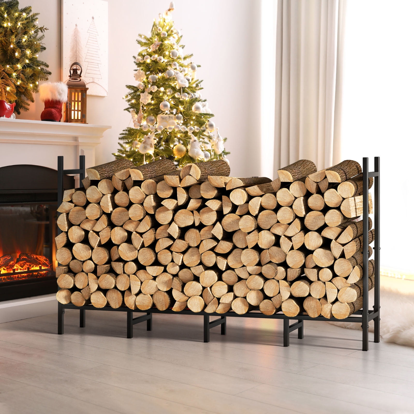 Free Shipping! 5.3FT Heavy-Duty Outdoor Firewood Rack with Secure Cover ...