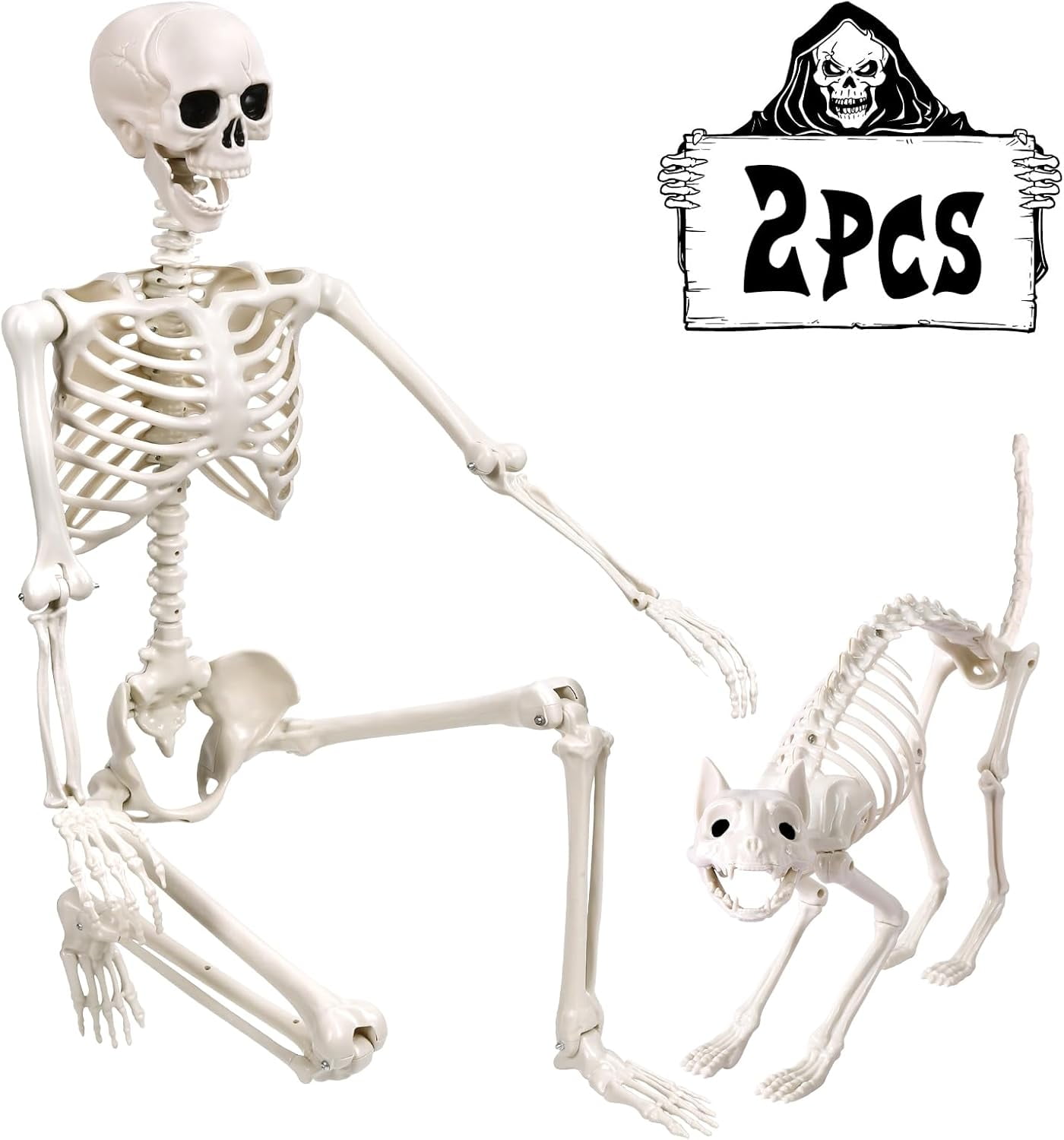 5.4Ft Halloween Life Size Human Skeletons with Cat Skeleton, Plastic ...