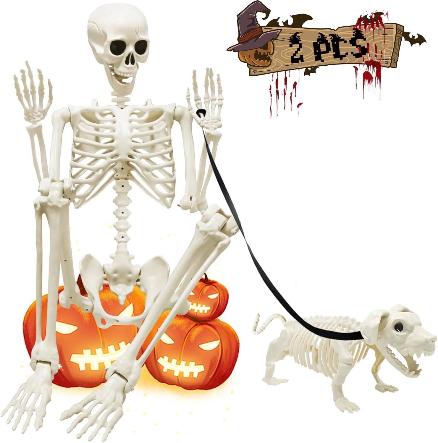 5.4Ft Halloween Skeleton, Full Size Posable Skeleton with Glowing Eyes ...