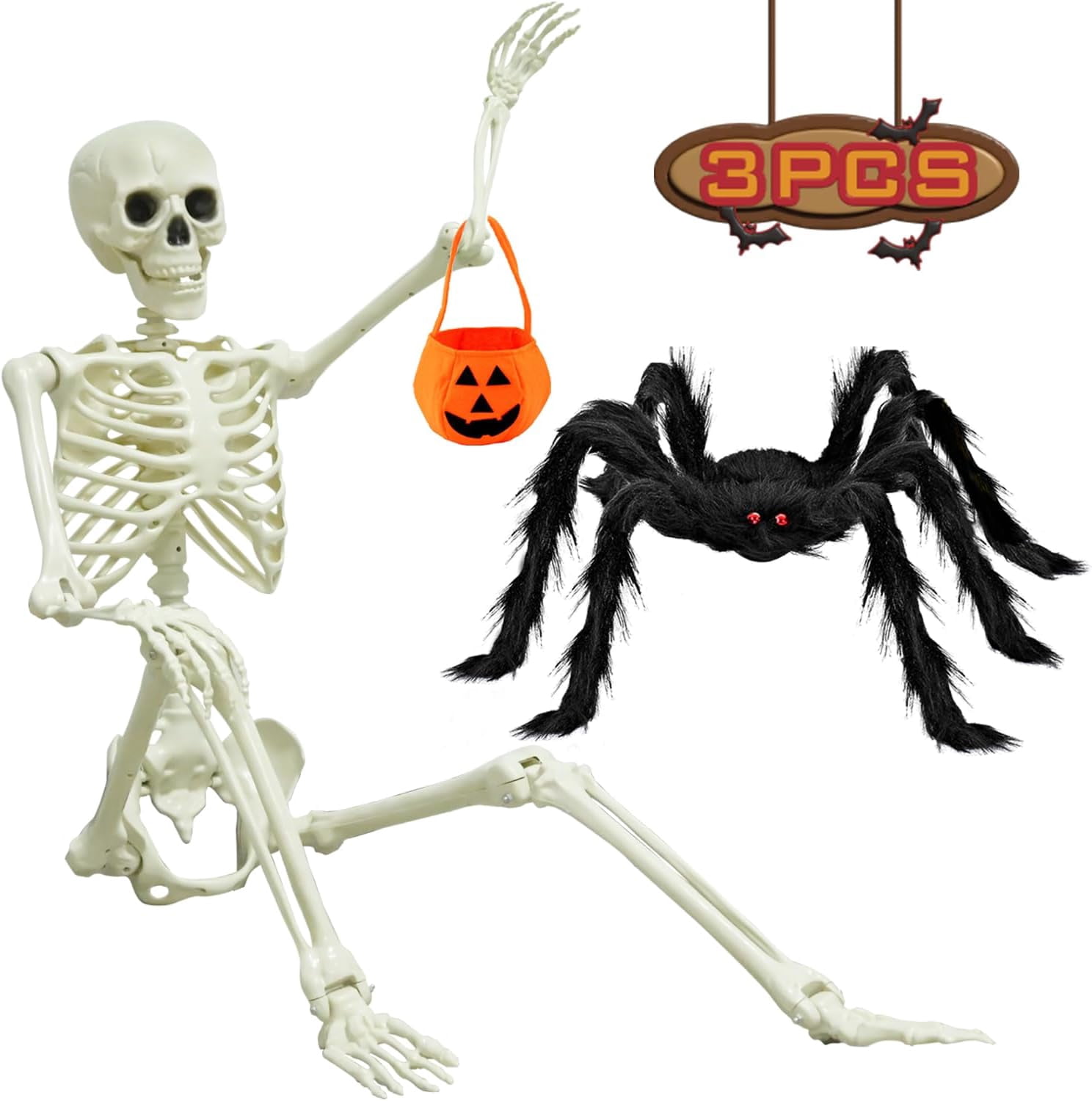 5.4ft/165cm Halloween Skeleton, Life Size Skeleton with Spider Pumpkin ...