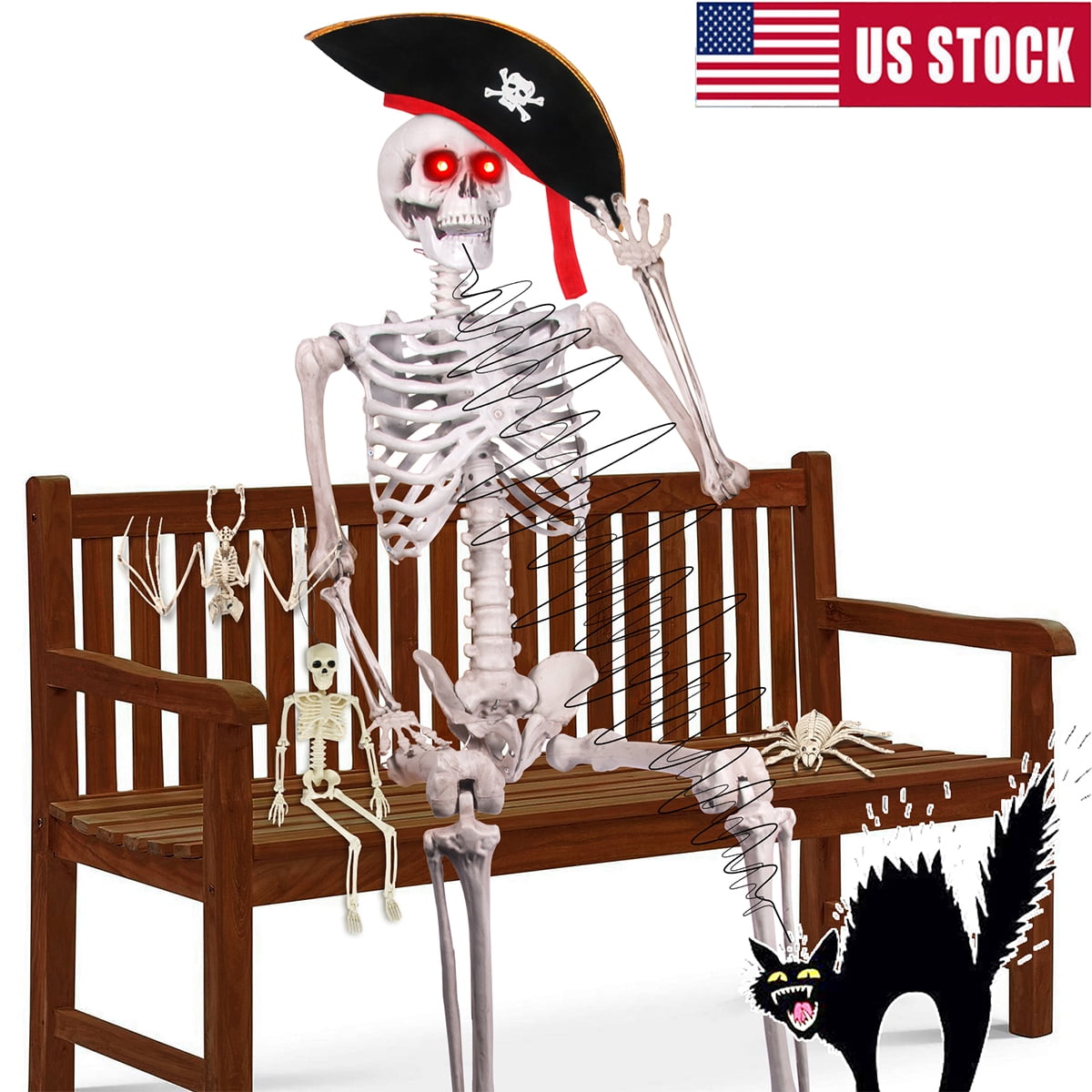 Walmart 5.5 ft Halloween Skeleton Prop with Pirate Hat, LED Eyes, Sound ...