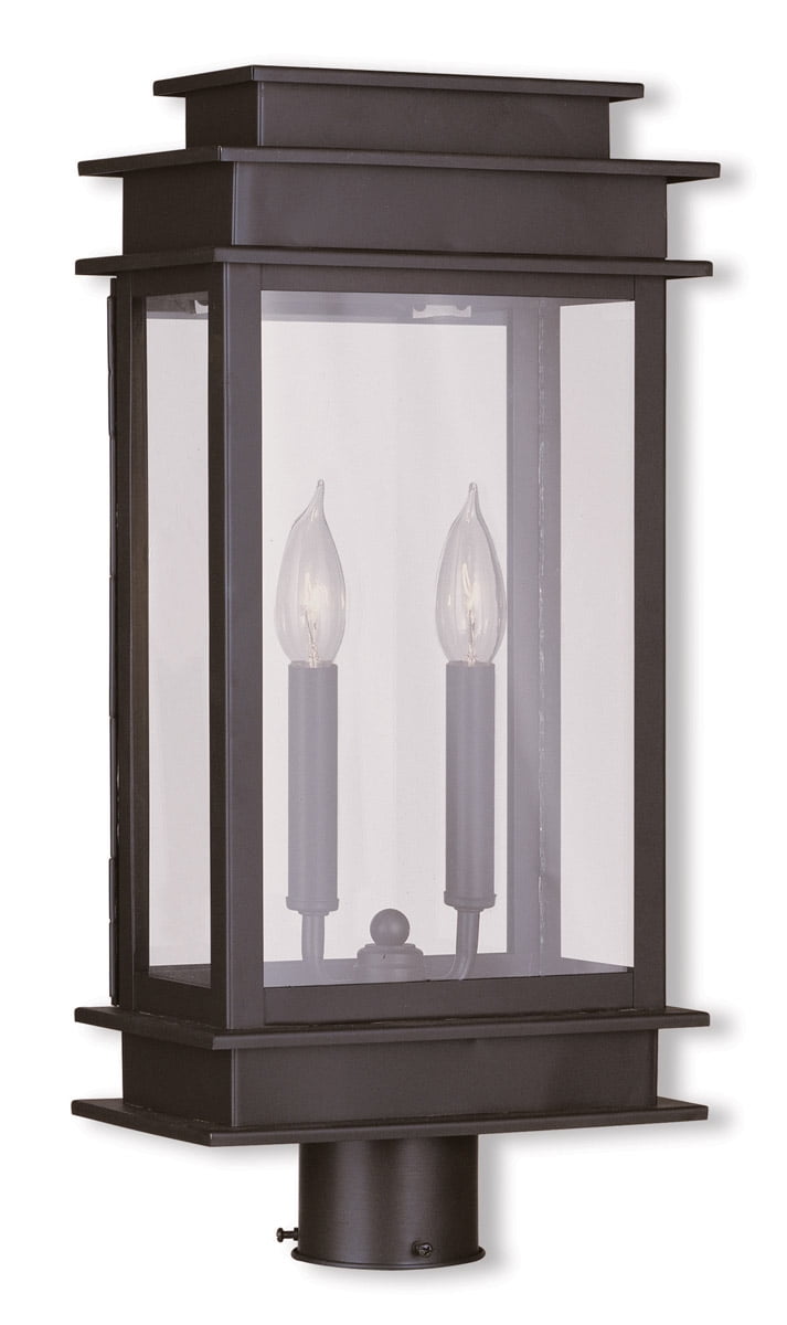 5.5 inch 2 Light Bronze Outdoor Post Lantern with Clear Glass Shade backed with Hand Crafted ...