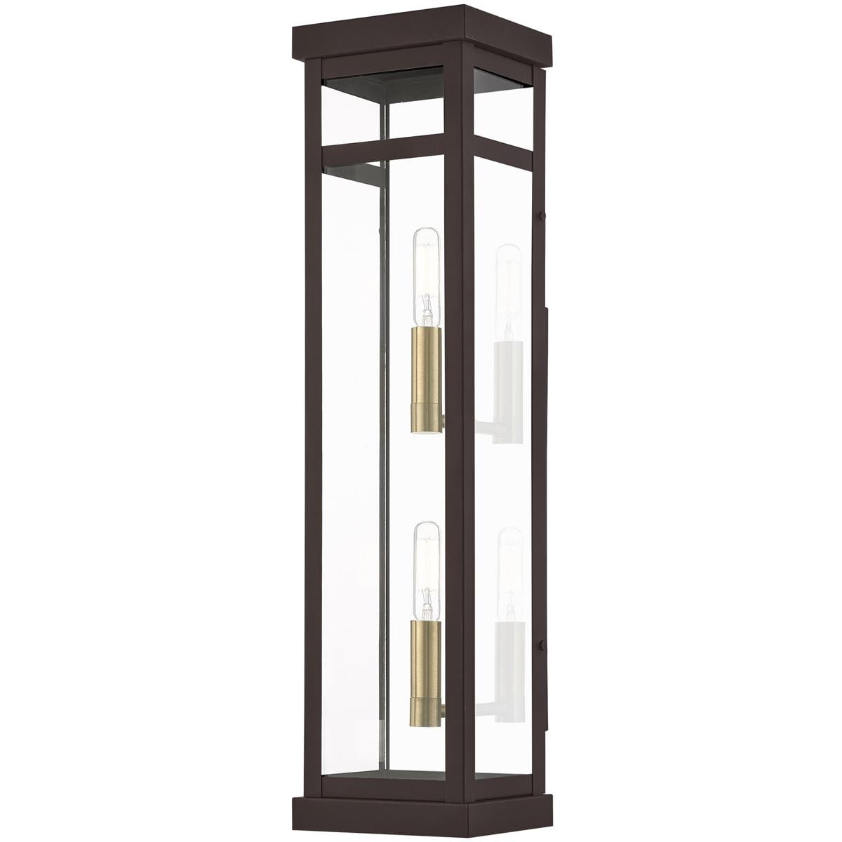 5.5 inch 2 Light Bronze Outdoor Wall Lantern with Clear Glass Shade backed with Solid Brass ...