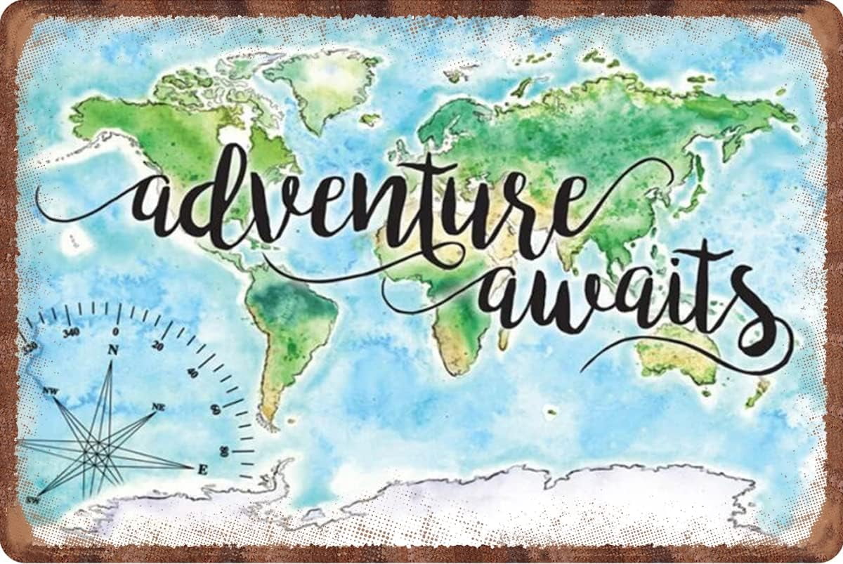 5.5"x8" Adventure Awaits World Map Aluminum Signs Funny Tin Sign Metal Art Poster Gift Home Cafe ...