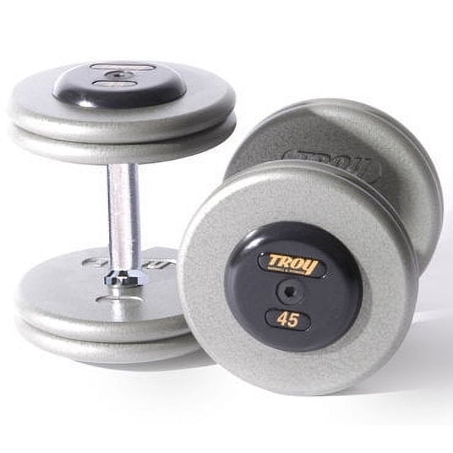 5 - 50 lb. Pro Style Gray Cast Iron Round Dumbbell Set w/ Straight ...