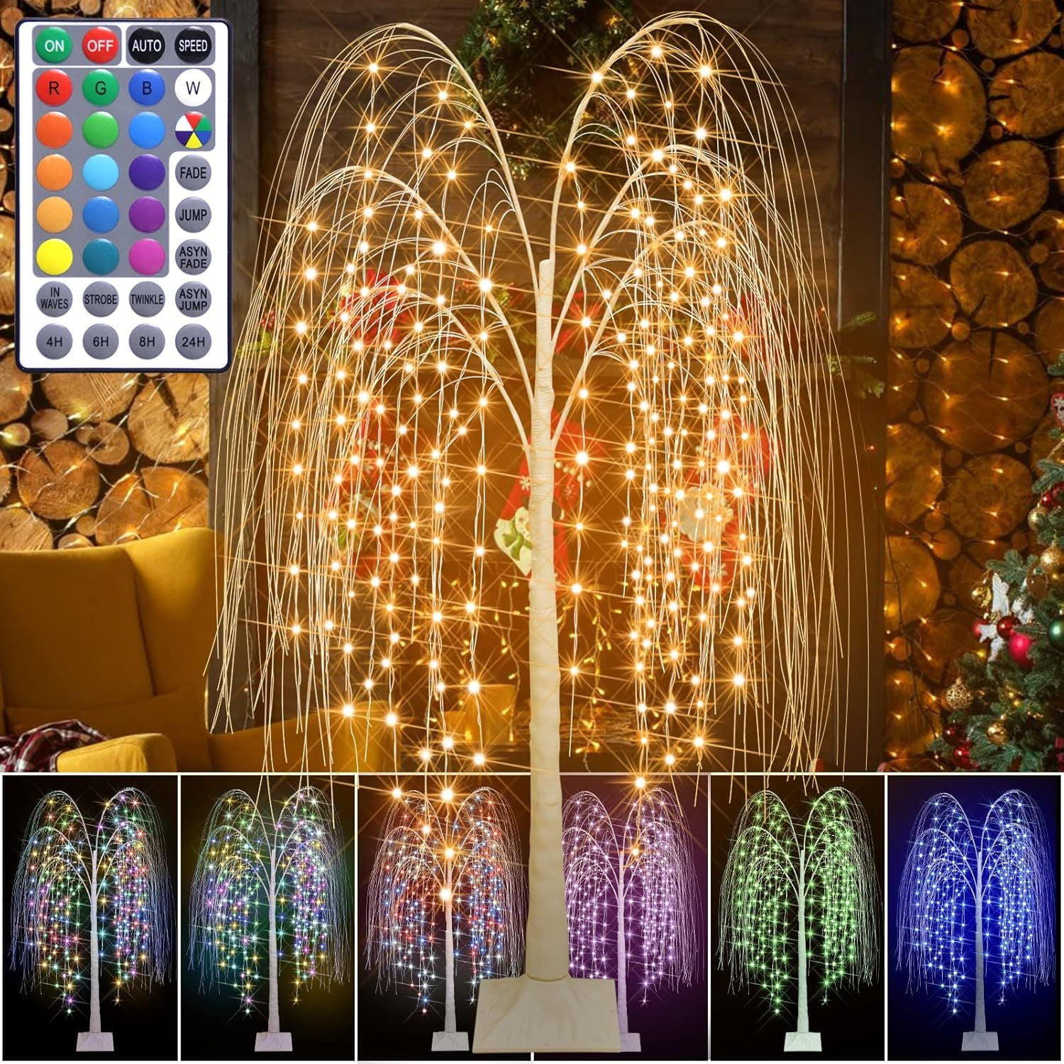 5.5FT LED Color Changing Willow Tree Light with Remote 216 LEDs RGBW ...