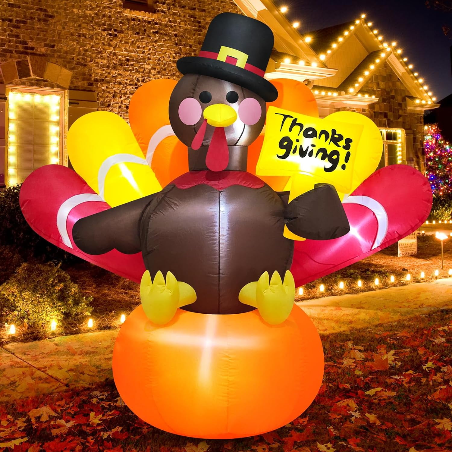 5.5FT Thanksgiving Inflatable Turkey Decorations with Pilgrim Hat ...