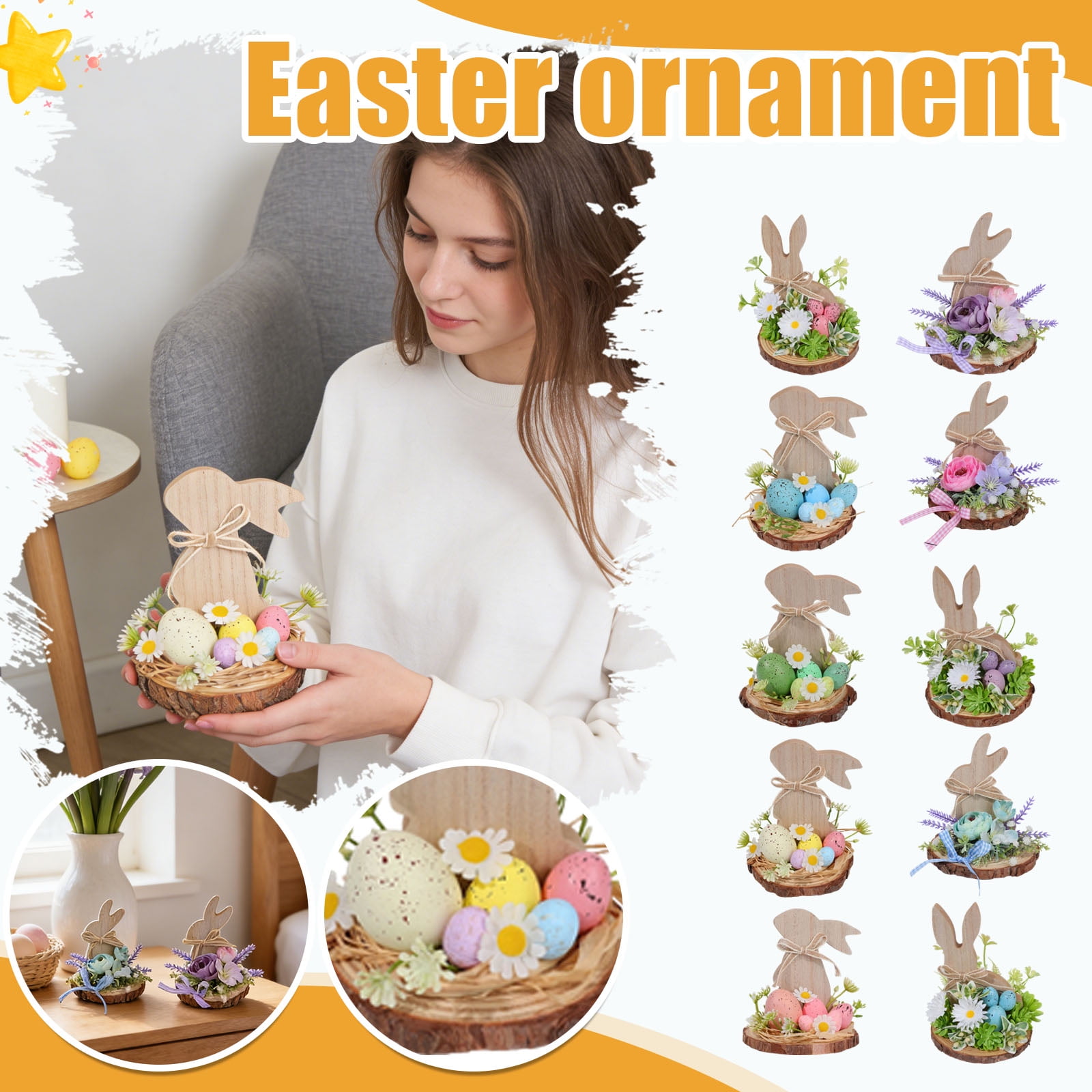 5.5In Simulated Flower Rabbit Shaped Wooden Ornament, Holiday ...