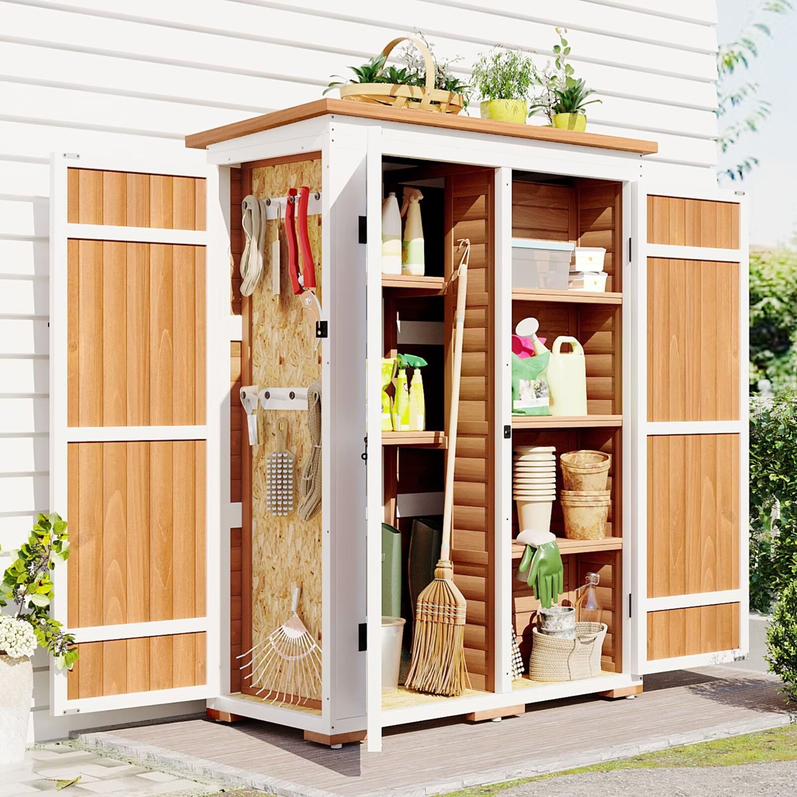 5.5ft Hx4.1ft L Wood Storage Shed, Outdoor Garden Tool Cabinet with ...
