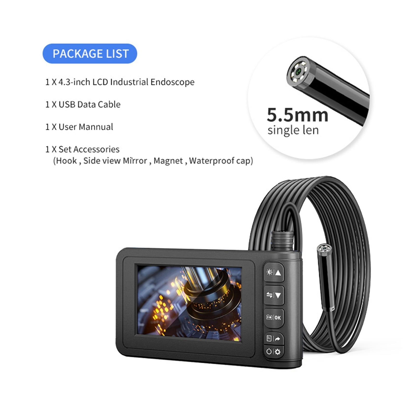 5.5mm Single & Dual Industrial Endoscope IP67 Waterproof 4.3 Inch LCD ...