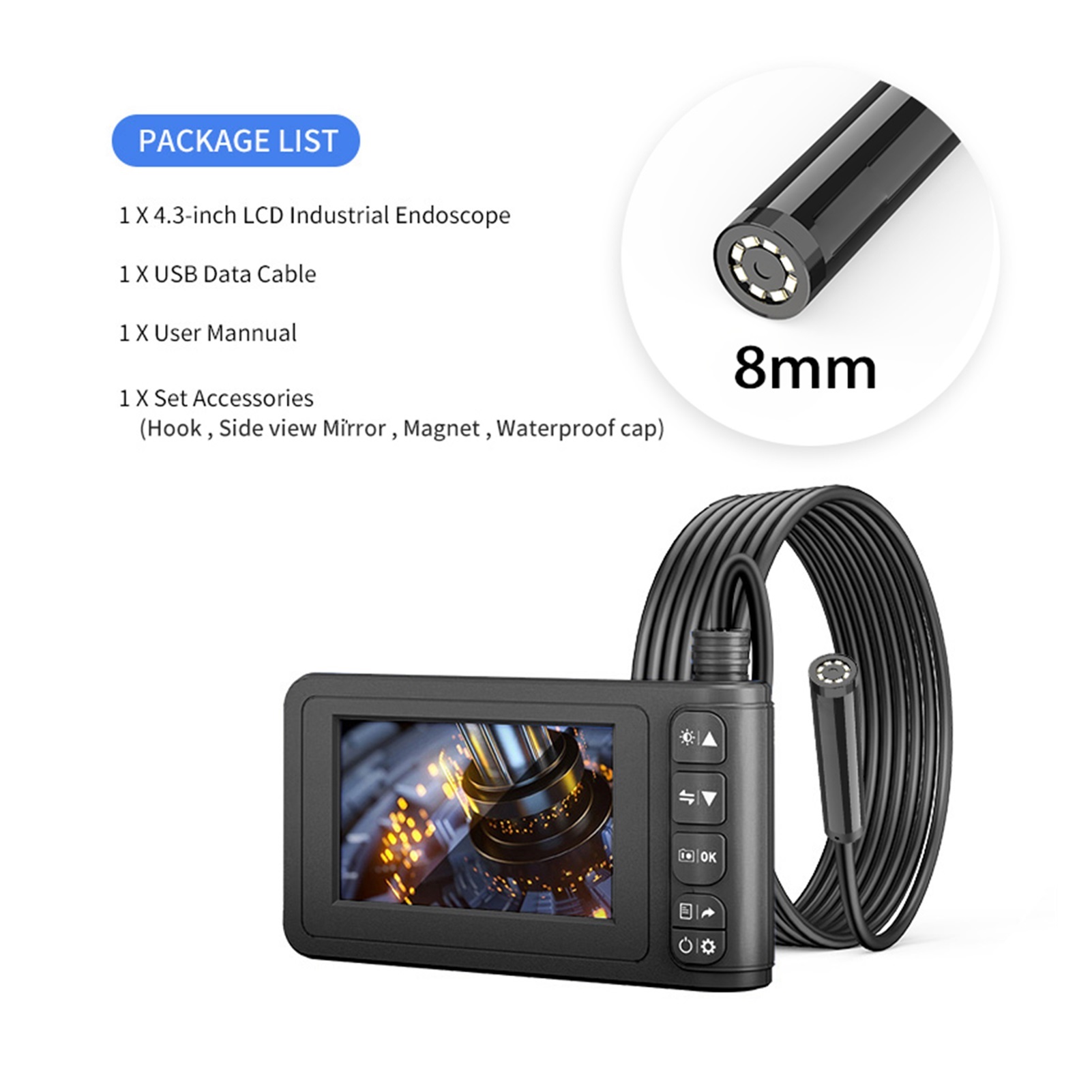 5.5mm Single & Dual Industrial Endoscope IP67 Waterproof 4.3 Inch LCD ...