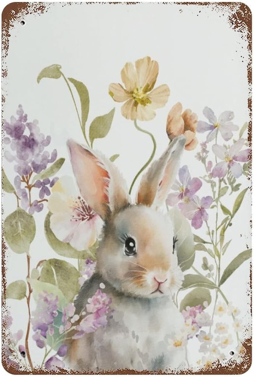 5.5x8 Inch Easter Bunny Retro Metal Sign Easter Bunny With Flowers ...