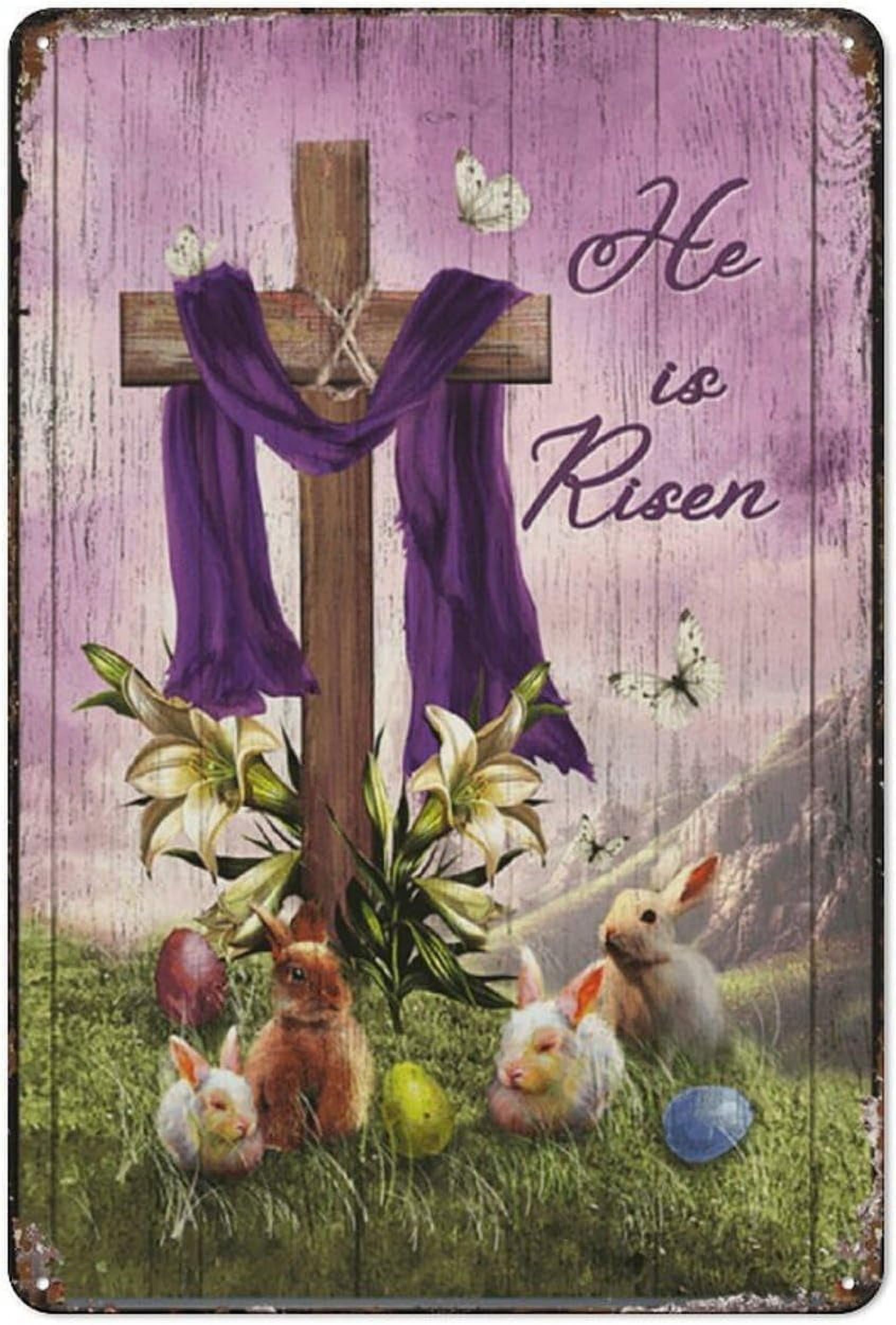 5.5x8 Inch Vintage Tin Sign Easter Bunny Cross Symbol Lily Flower White ...