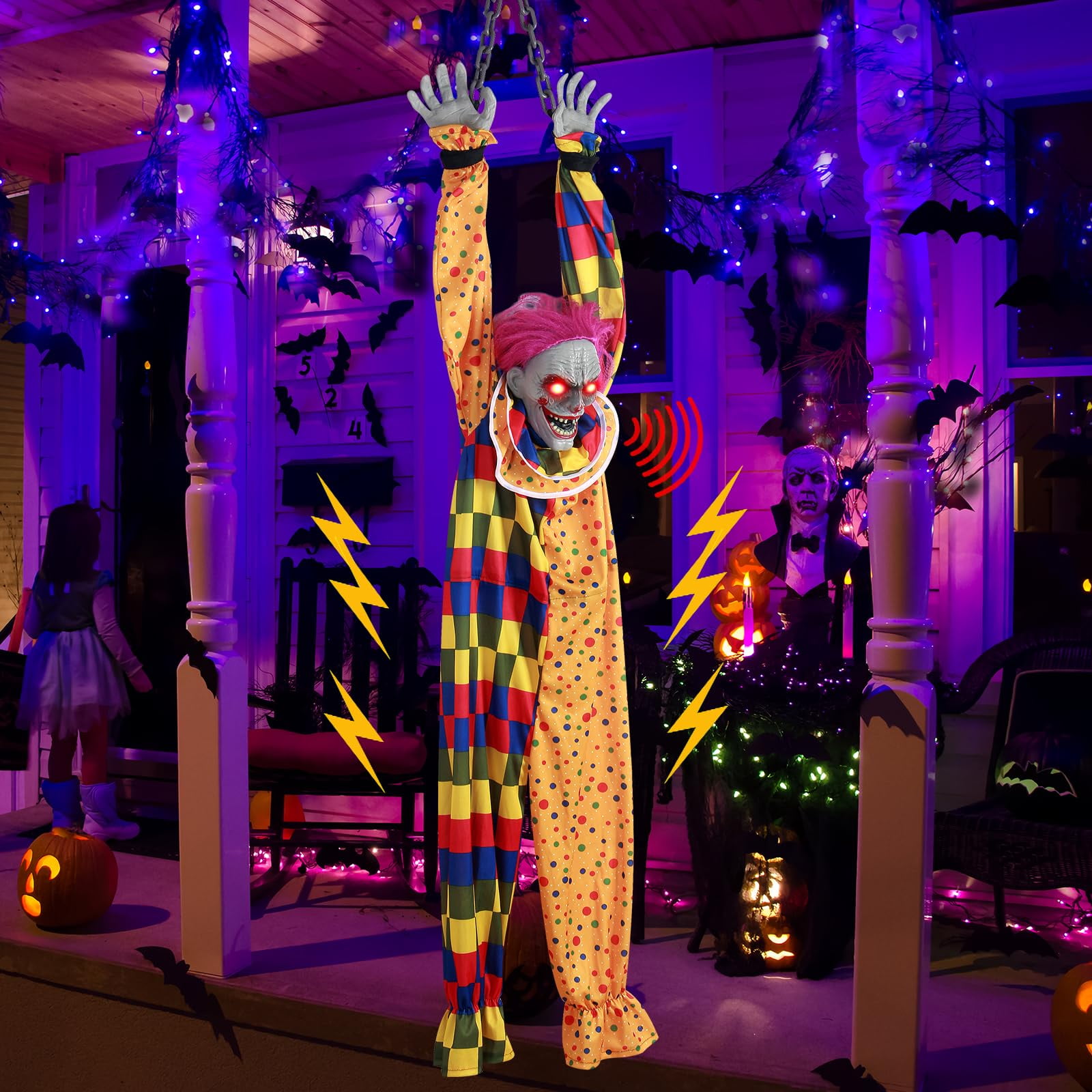 5.6 Ft Halloween Hanging Animated Talking Shaking Scary Clown with ...