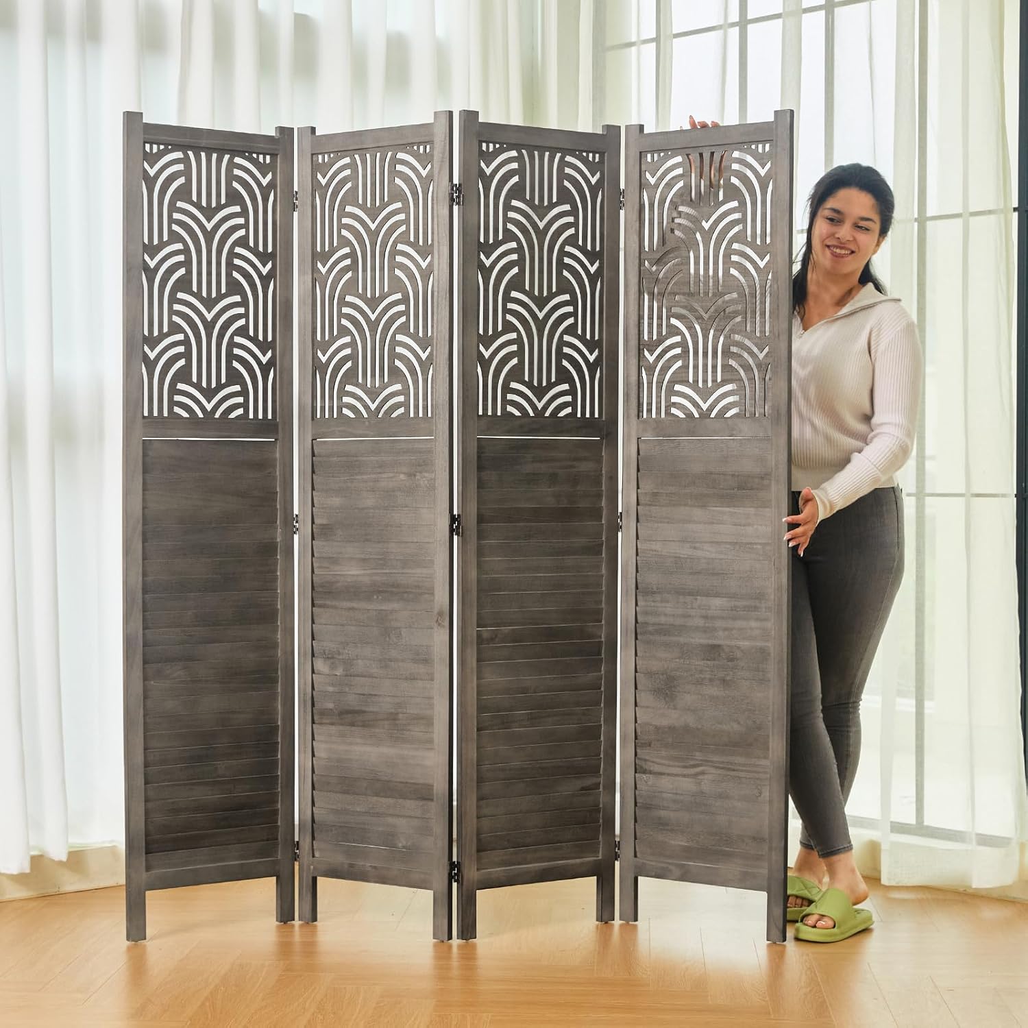 5.6 Ft Room Divider, Wood Carved Wall Divider Indoor Folding Portable ...