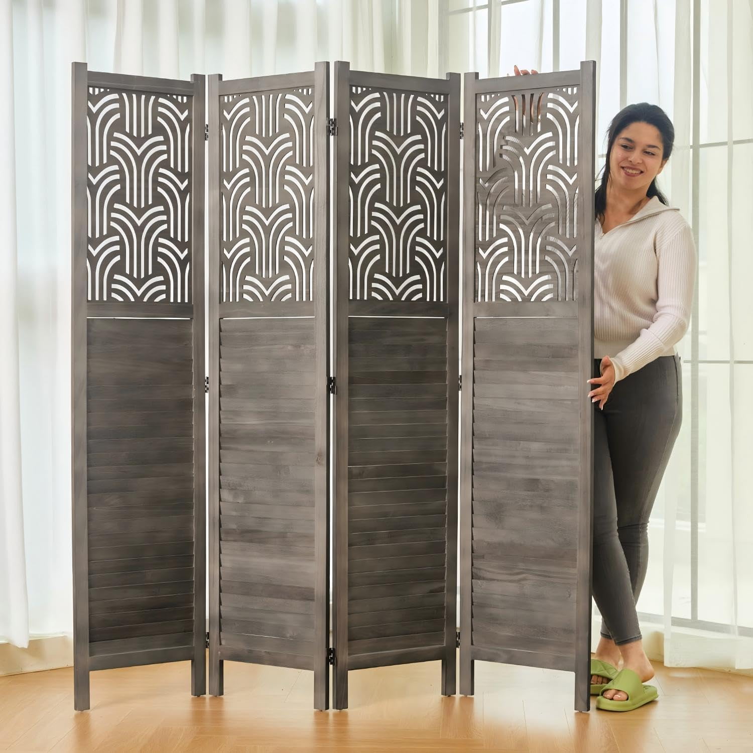 5.6 Ft Room Divider, Wood Carved Wall Divider Indoor Folding Portable ...