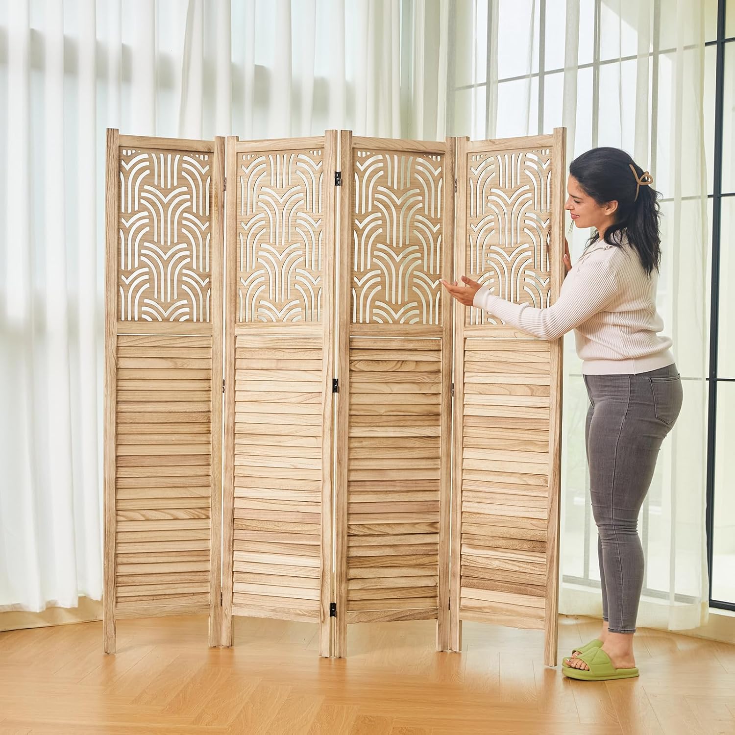5.6 Ft Room Divider, Wood Carved Wall Divider Indoor Folding Portable ...