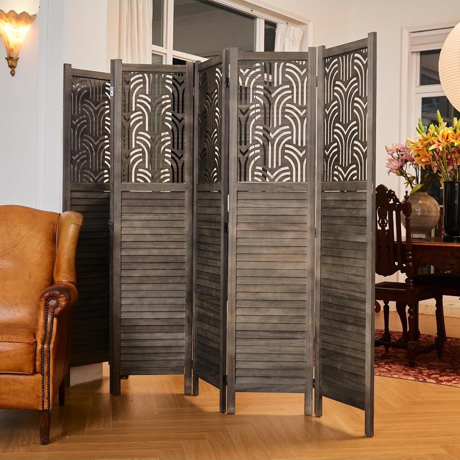 5.6 Ft Room Divider Wood Carved Wall Divider Indoor Folding Portable ...